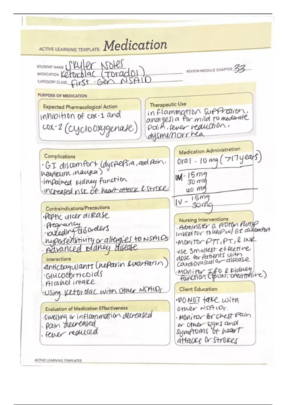 ATI Medication Templates for Zosyn, Toradol, and Lasix - NURS3110 ...