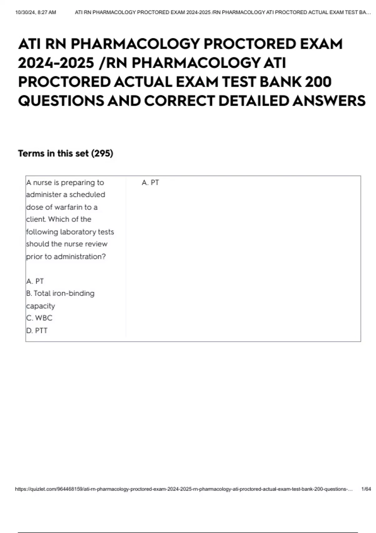 ATI RN PHARMACOLOGY PROCTORED EXAM /RN PHARMACOLOGY ATI PROCTORED ...