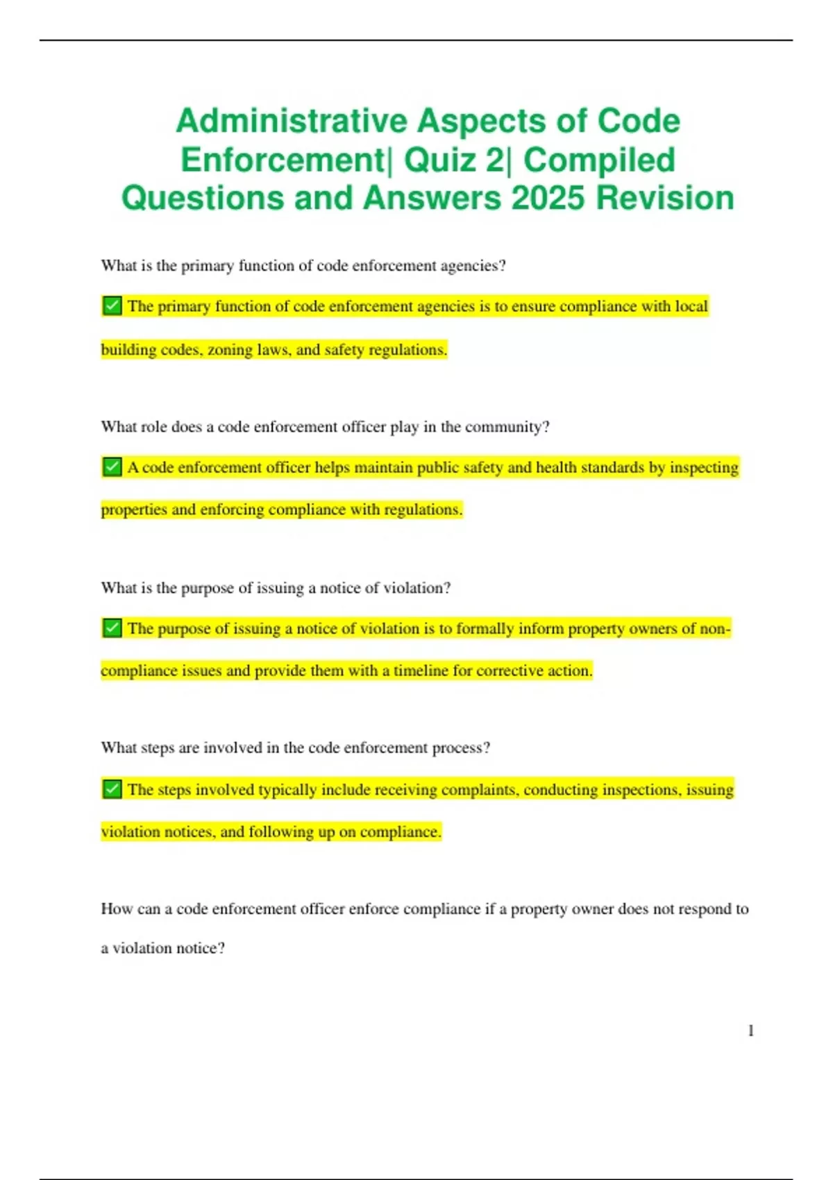 Administrative Aspects of Code Enforcement| Quiz 2| Compiled Questions ...
