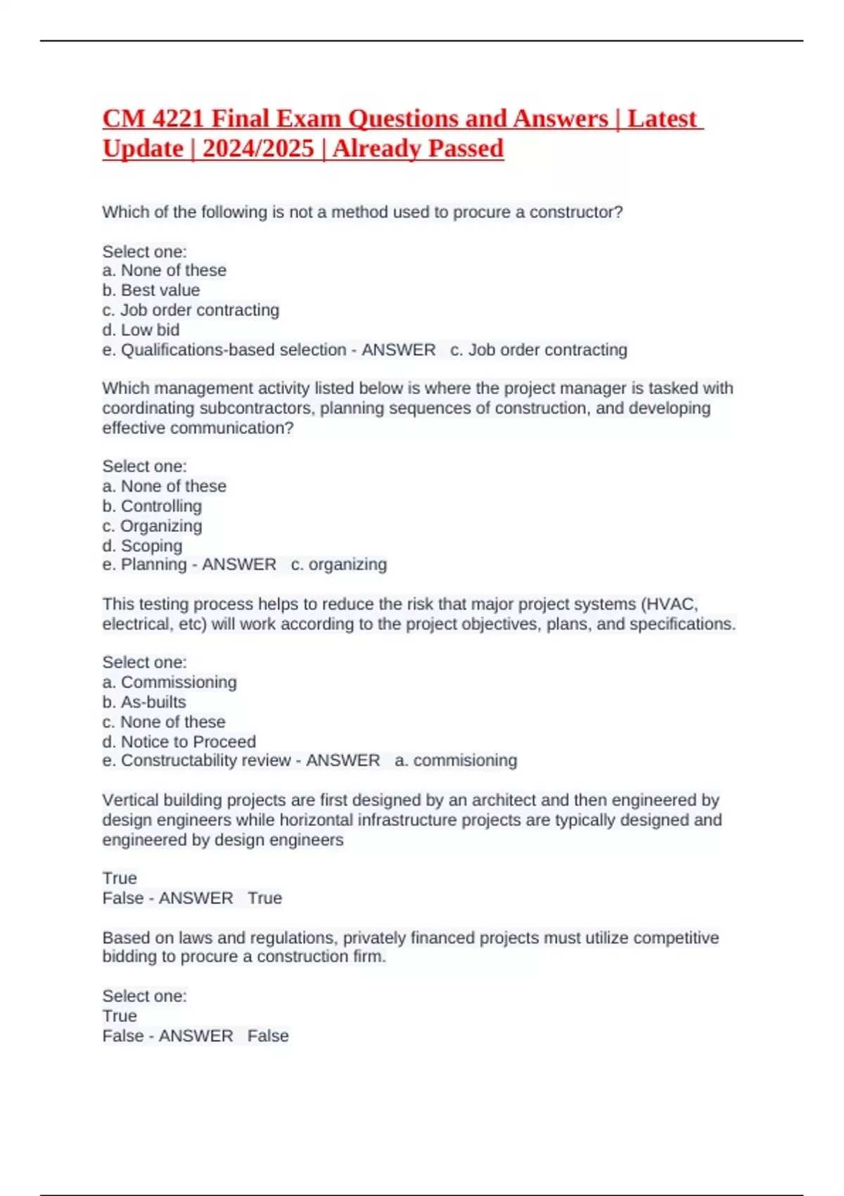 CM 4221 Final Exam Questions and Answer1 - CM 4221 - Stuvia US