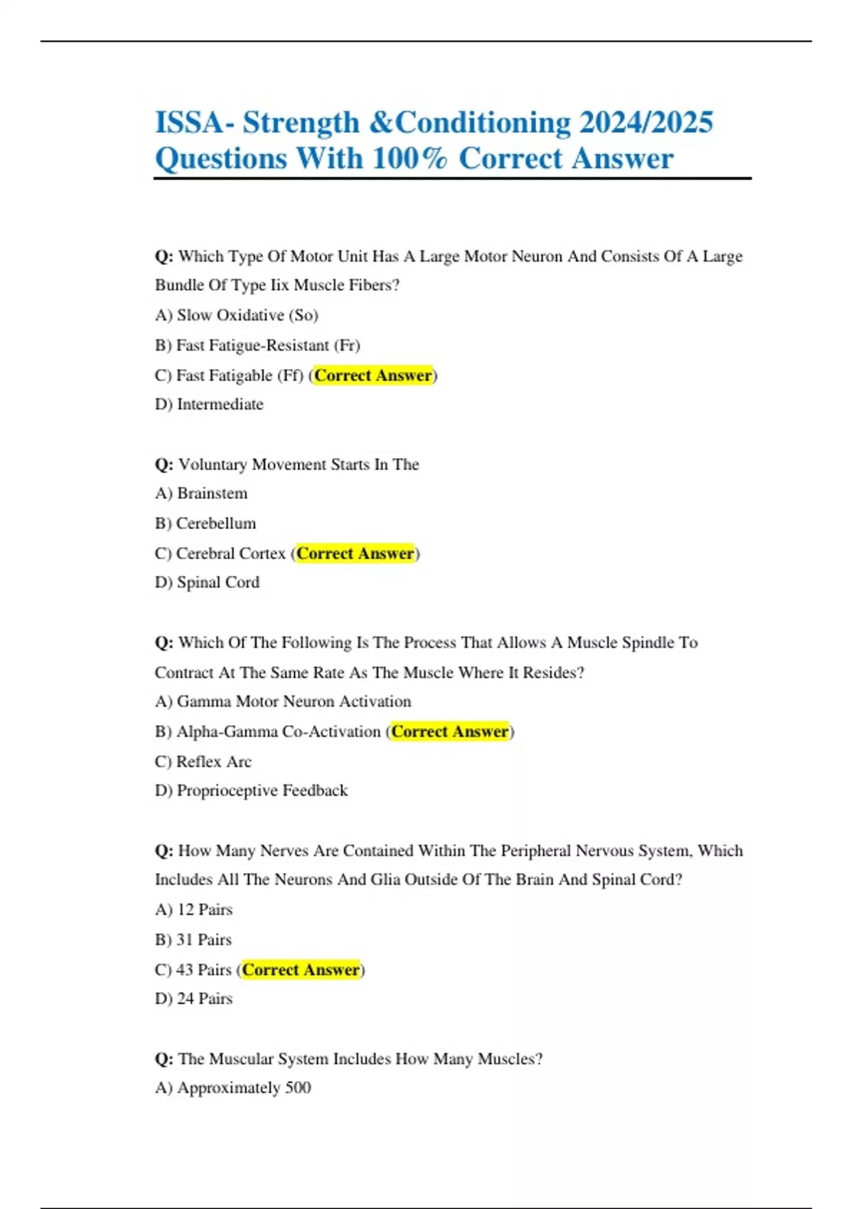 ISSA- Strength &Conditioning 2024/2025 Questions With 100% Correct ...