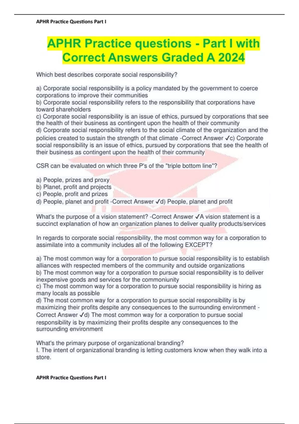 APHR Practice questions - Part I with Correct Answers Graded A 2024 ...