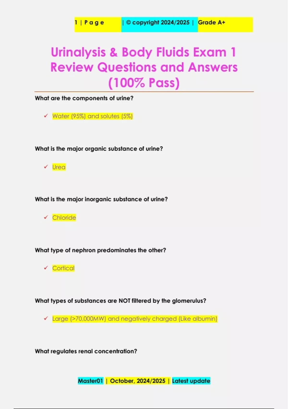 Urinalysis & Body Fluids Exam 1 Review Questions and Answers (100% Pass ...