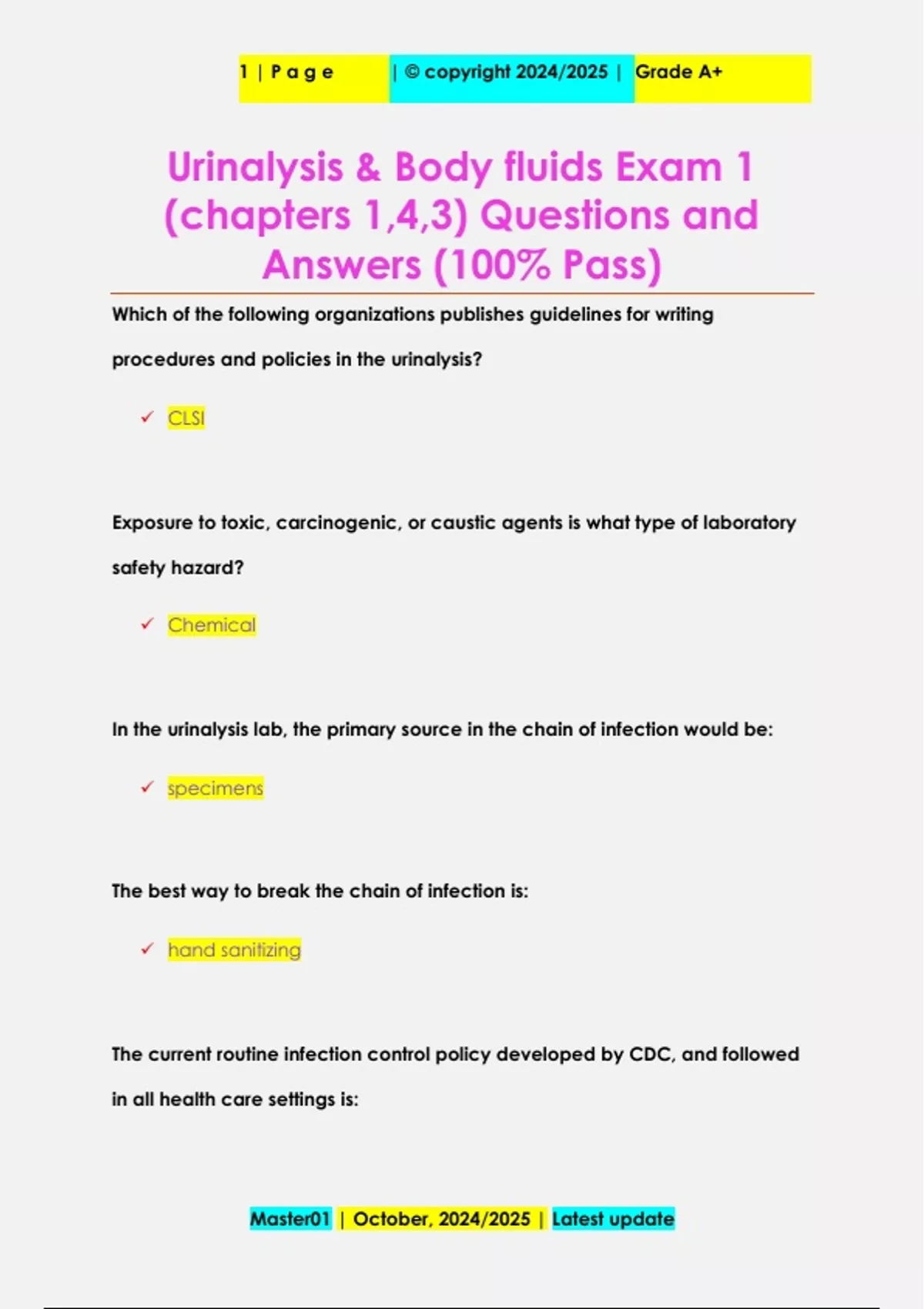 Urinalysis & Body fluids Exam 1 (chapters 1,4,3) Questions and Answers (100% Pass) - Urinalysis ...