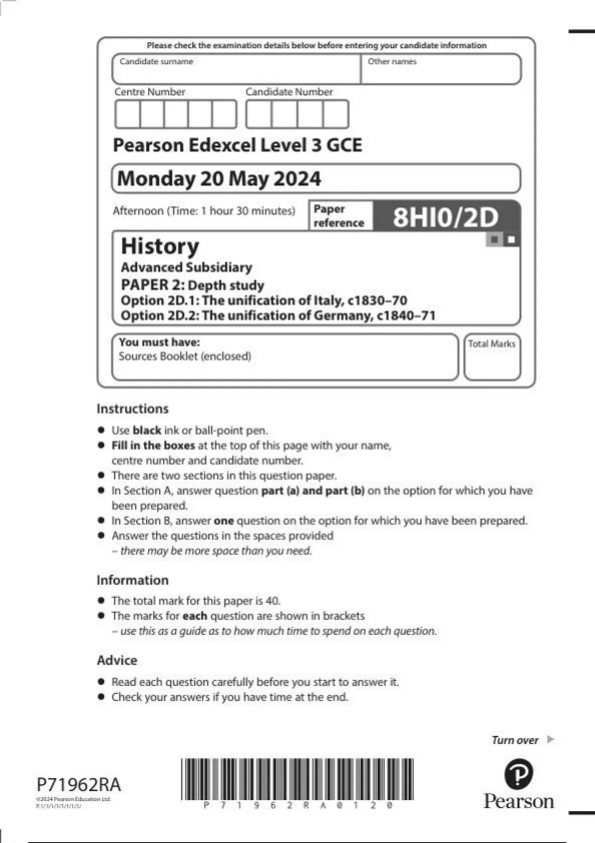 EDEXCEL history 8hi0-2d advanced subsidiary paper 2 depth study option ...