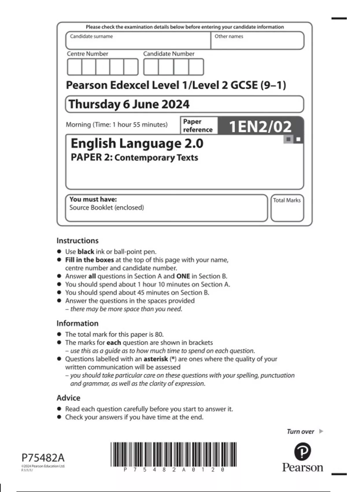 Pearson Edexcel Level 1/Level 2 GCSE (9–1)English Language 2.0 Paper 1 ...