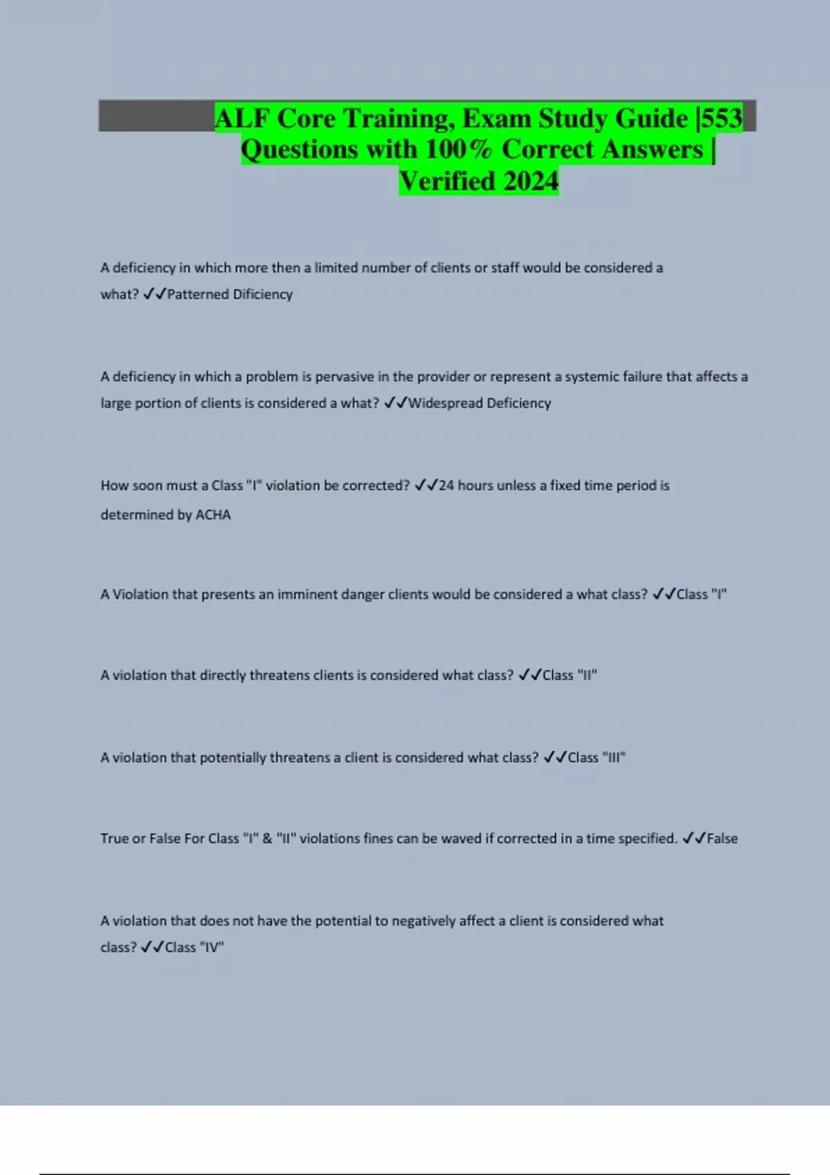 ALF Core Training, Exam Study Guide |553 Questions with 100% Correct ...