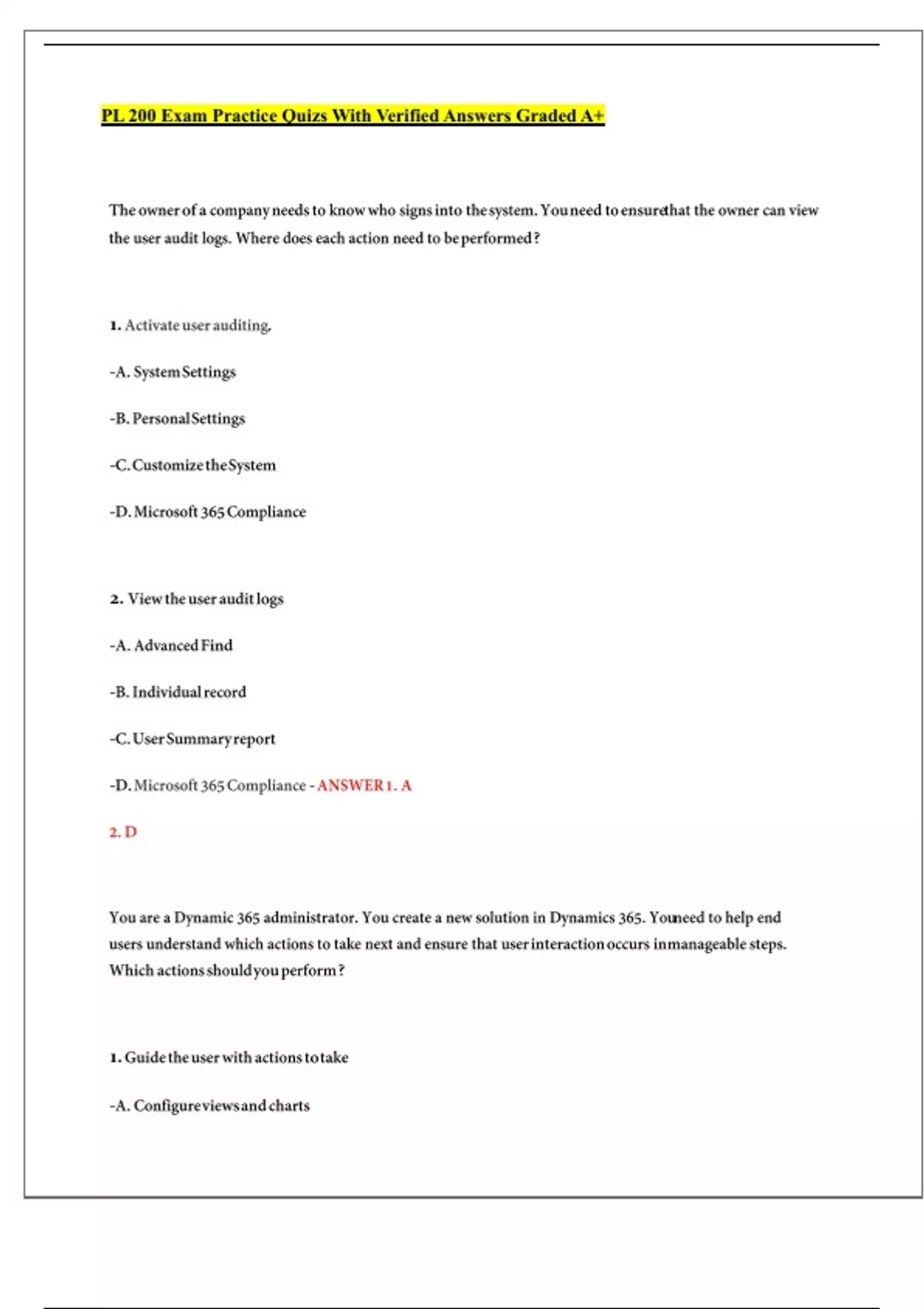 PL 200 Exam Practice Questions With Verified Answers Graded A+ 2024 ...