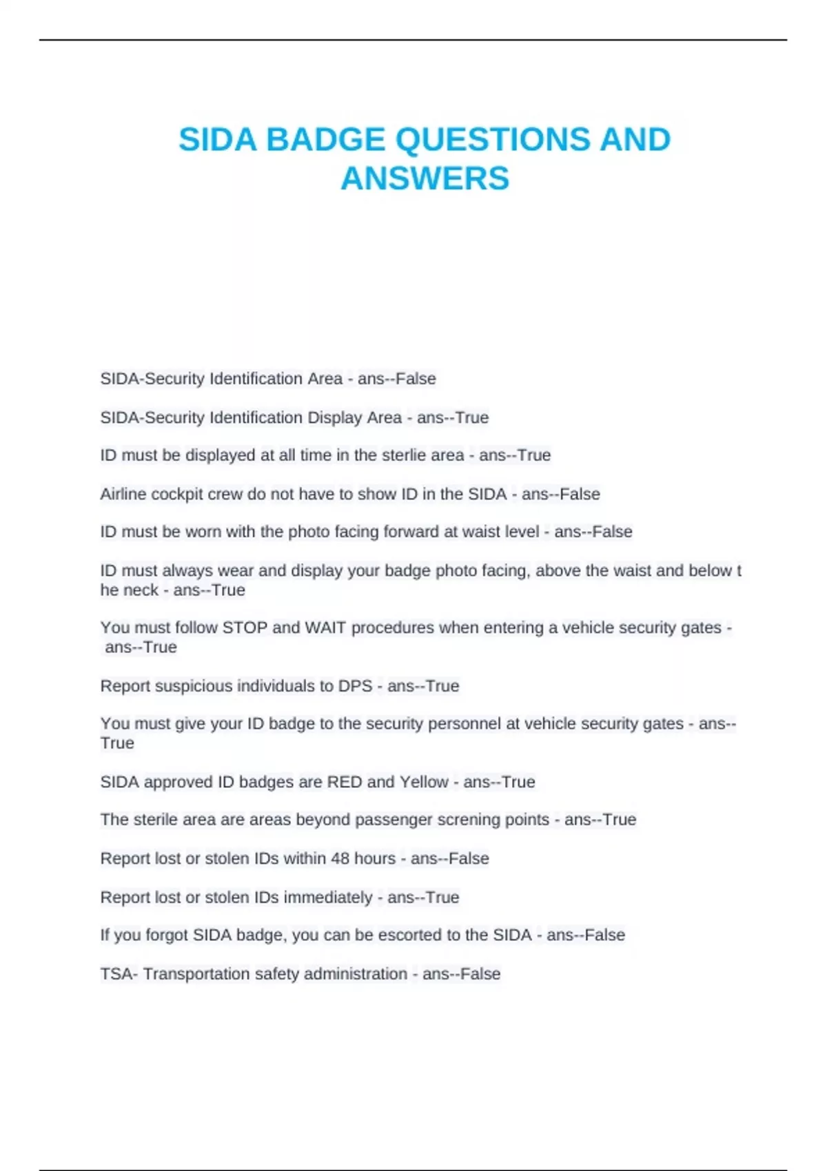 SIDA BADGE QUESTIONS AND ANSWERS - SIDA Badge SFO - Stuvia US