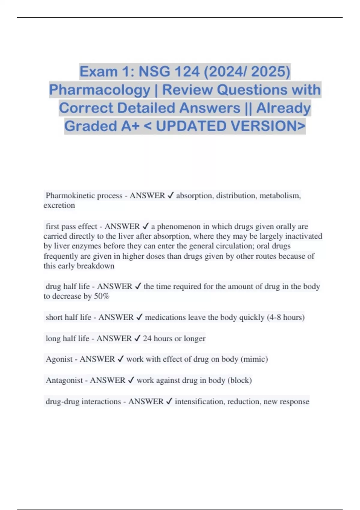 Exam 1: NSG 124 (2024/ 2025) Pharmacology | Review Questions with ...