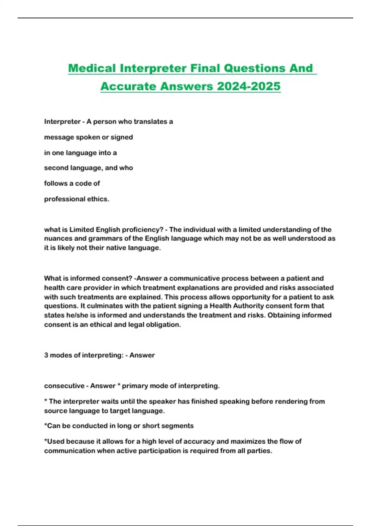 Medical Interpreter Final Questions And Accurate Answers - Medical ...