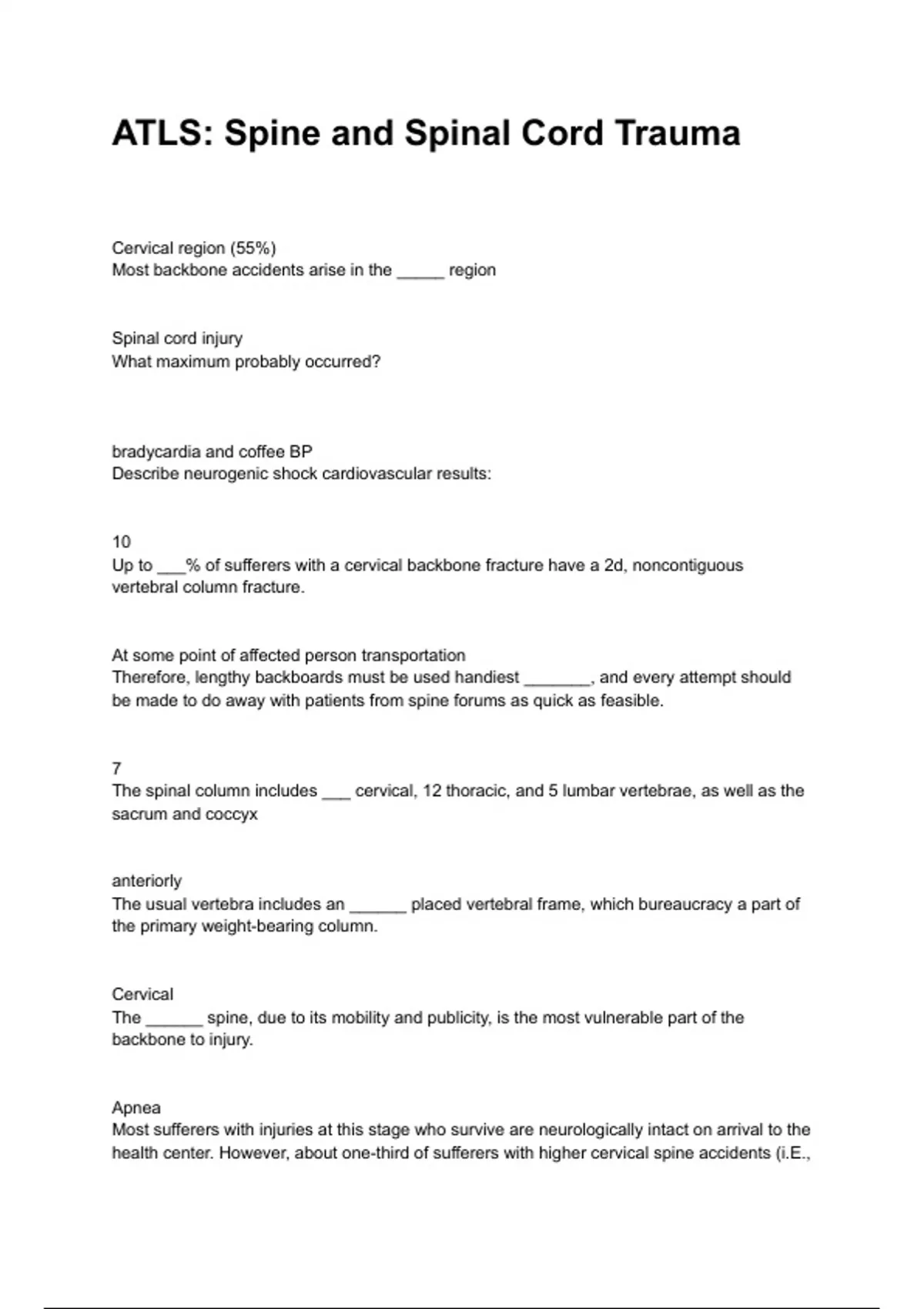 ATLS: Spine and Spinal Cord Trauma QUESTIONS AND ANSWERS A+ GRADED 100% ...