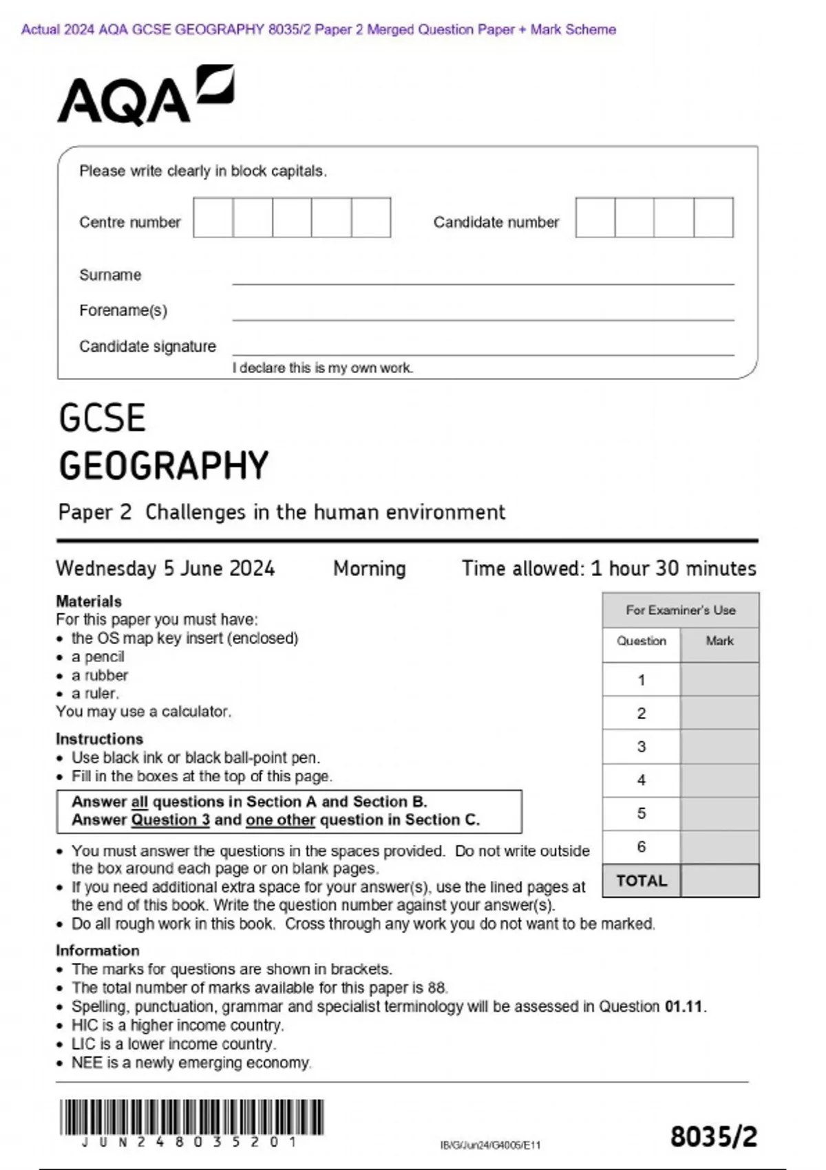 Actual 2024 AQA GCSE GEOGRAPHY 8035/2 Paper 2 Merged Question Paper ...