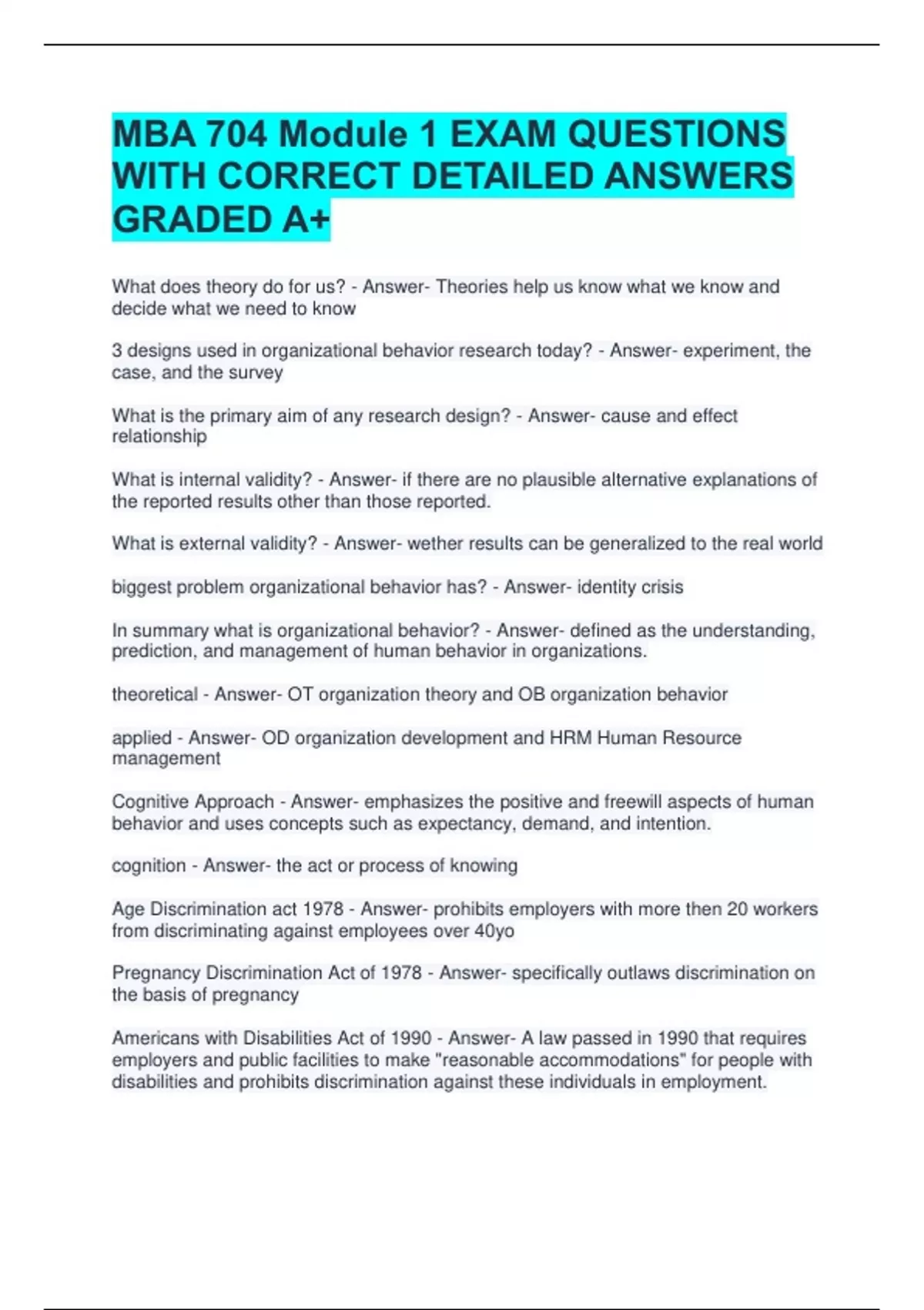 MBA 704 Module 1 EXAM QUESTIONS WITH CORRECT DETAILED ANSWERS GRADED A+ ...