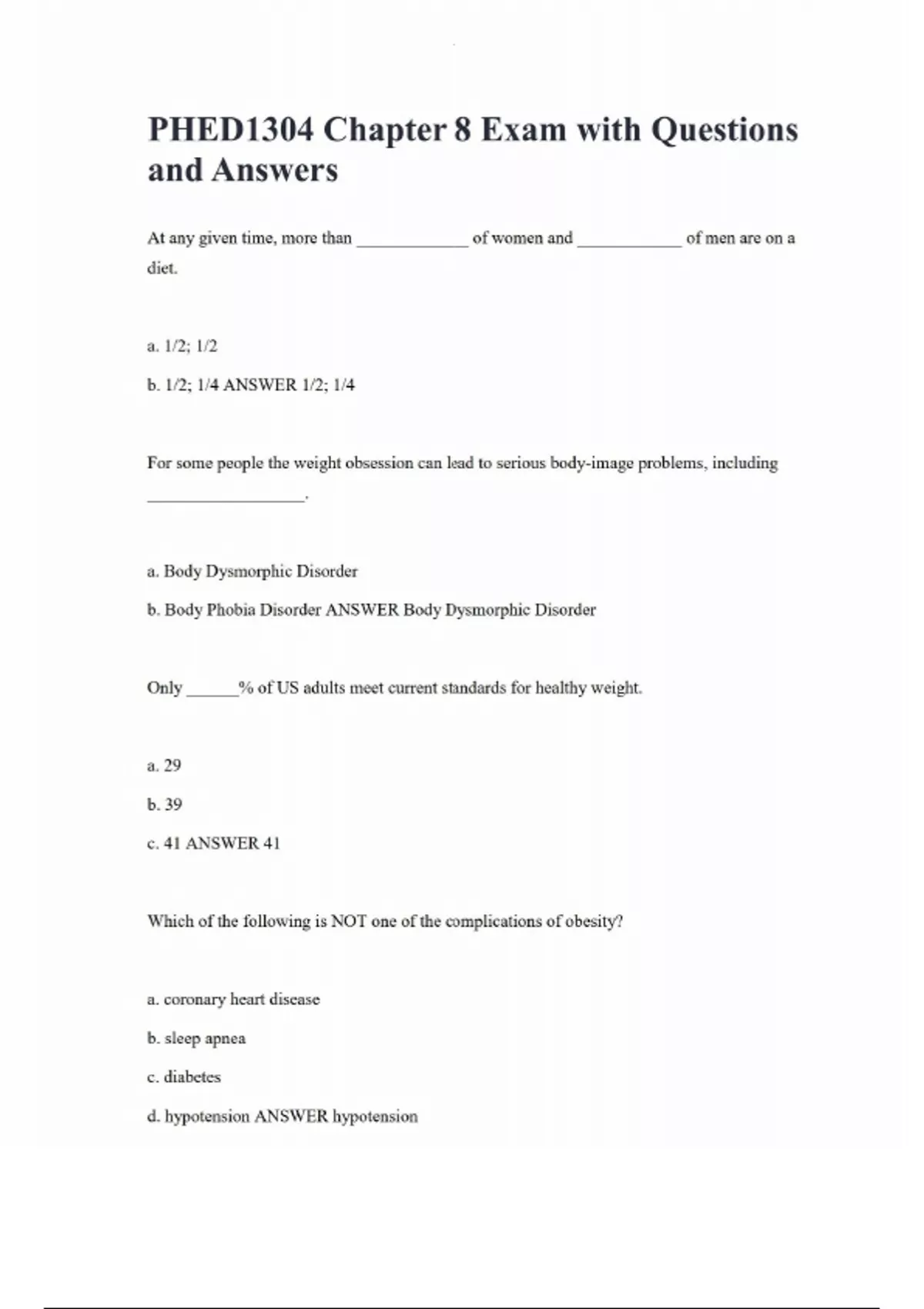 PHED1304 Chapter 8 Exam with Questions and Answers - PHED1304 - Stuvia US