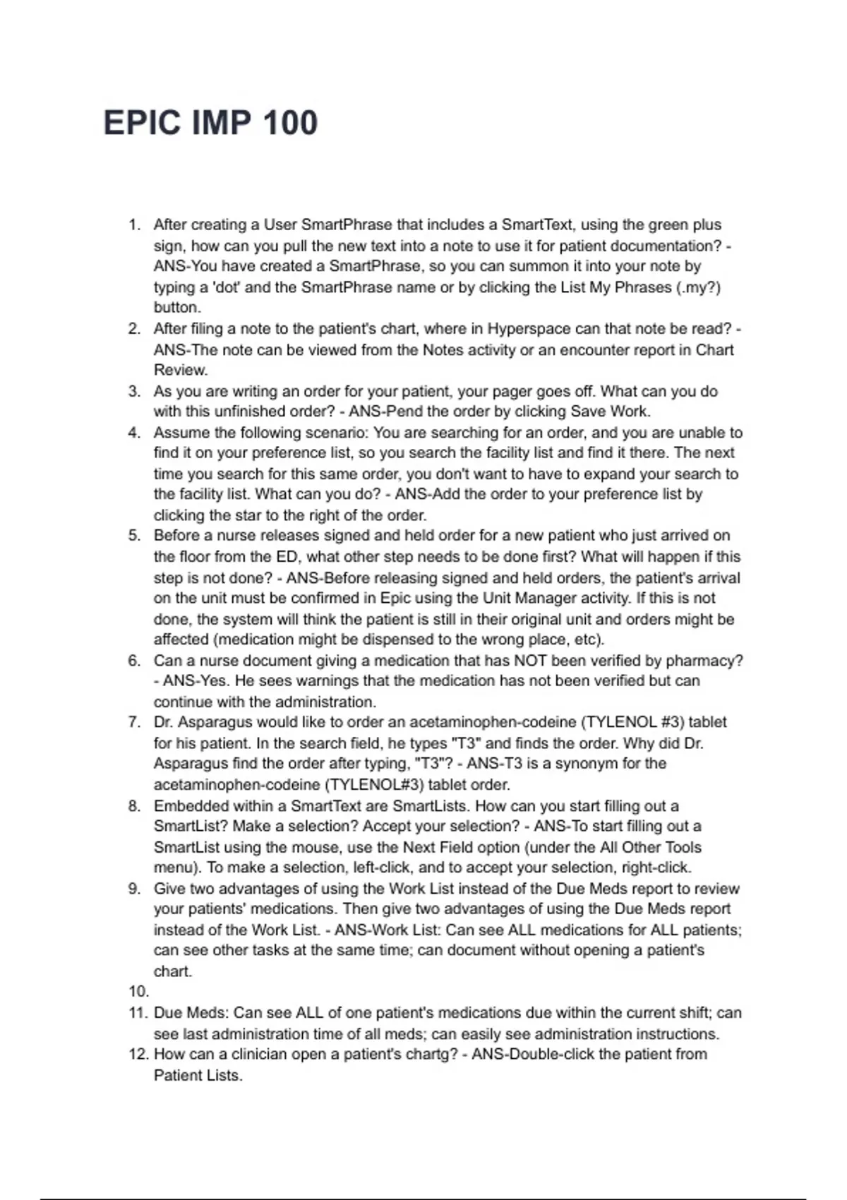 EPIC IMP 100 QUESTIONS WITH CORRECT ANSWERS 2025/2026 - Epic - Stuvia US