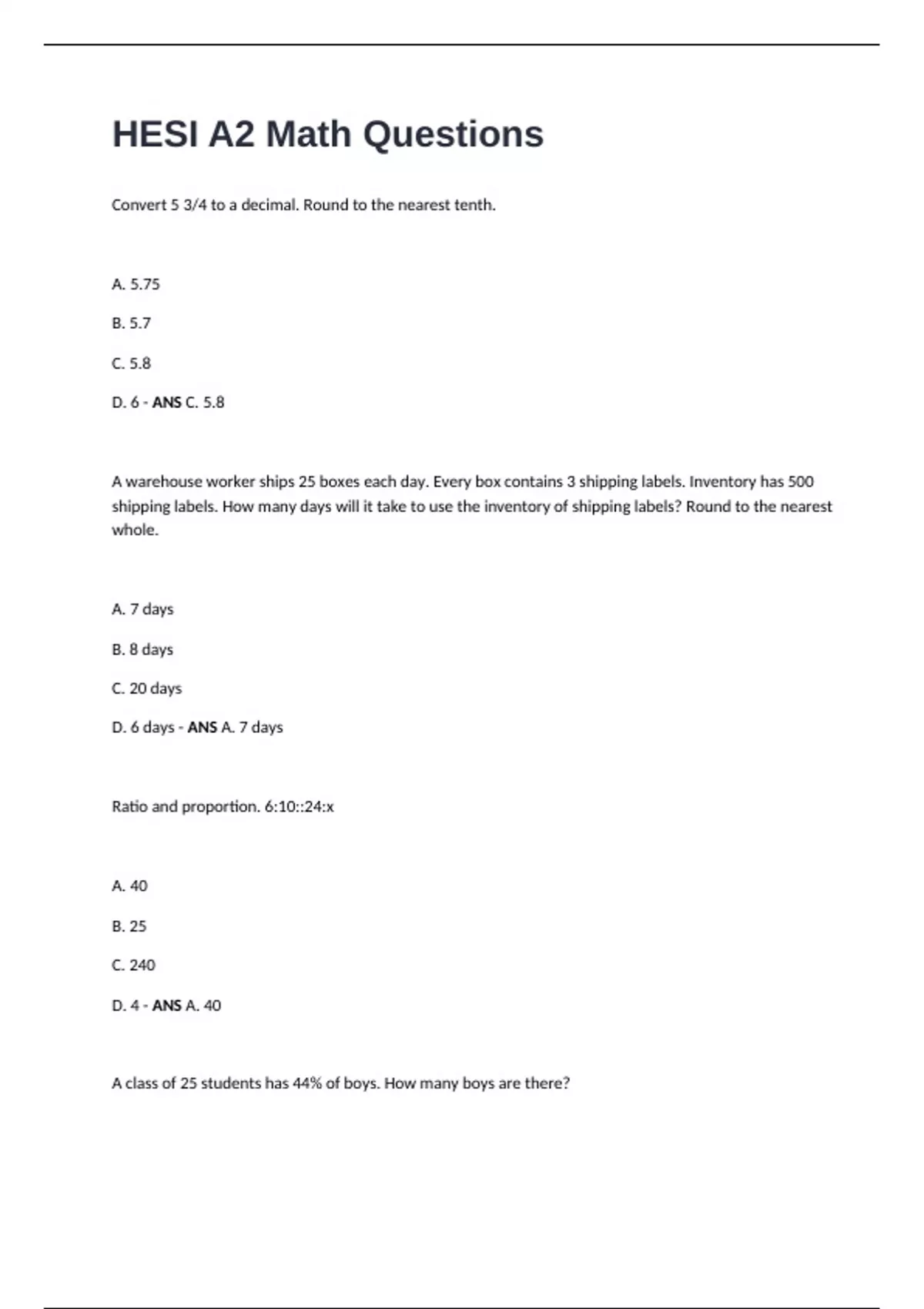 HESI A2 Math Questions And Answers 2024/2025 - HESI A2 Math - Stuvia US