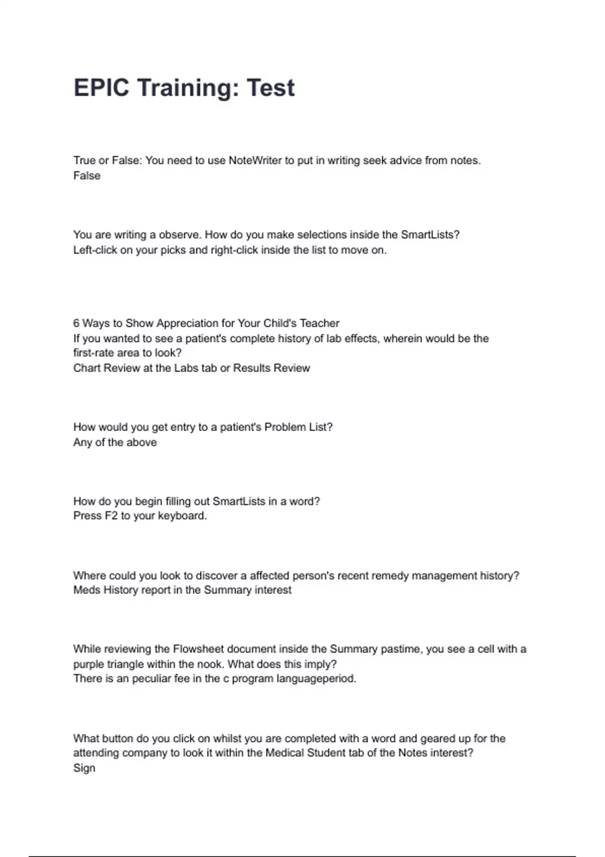 EPIC Training: Test QUESTIONS WITH CORRECT ANSWERS 2025/2026 - Epic ...