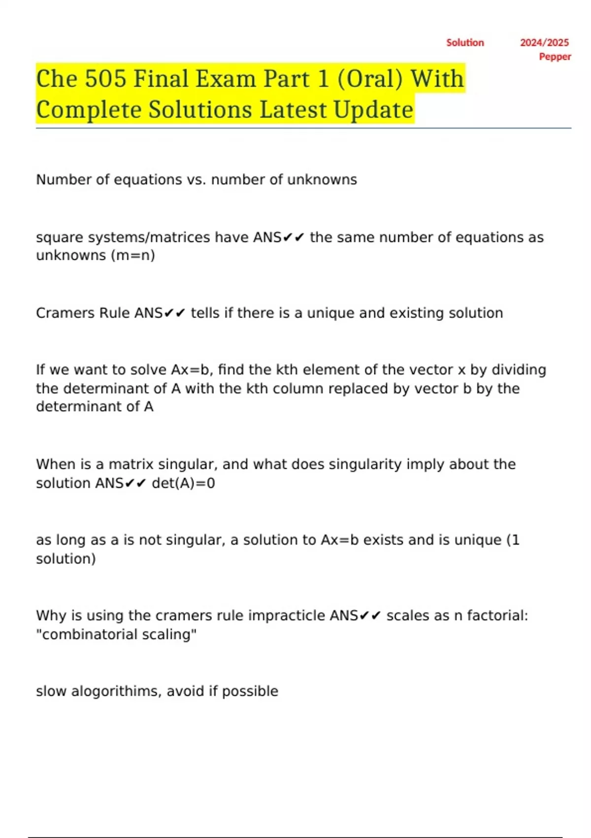 Che 505 Final Exam Part 1 (Oral) With Complete Solutions Latest Update ...