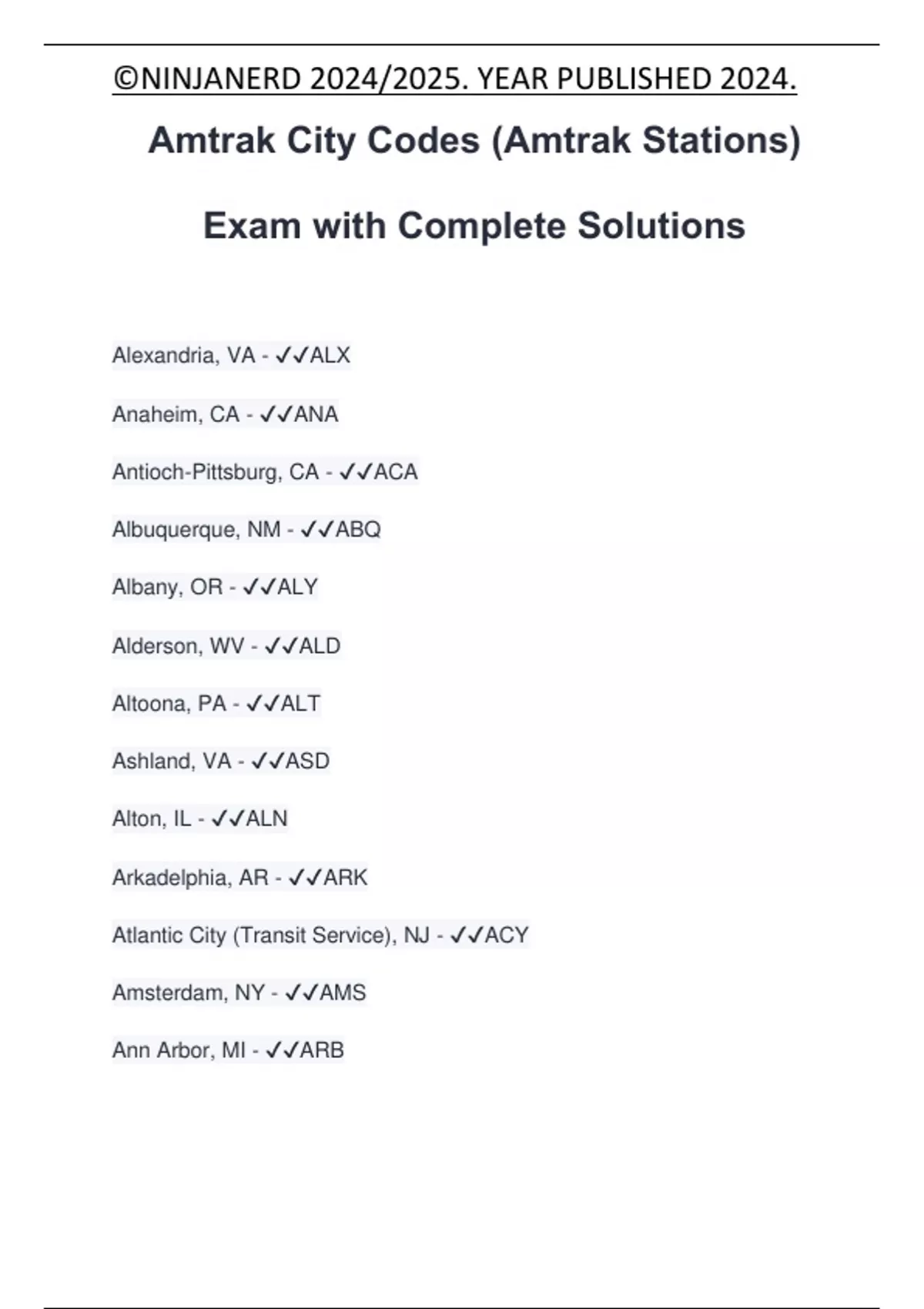 Amtrak City Codes (Amtrak Stations) Exam with Complete Solutions ...