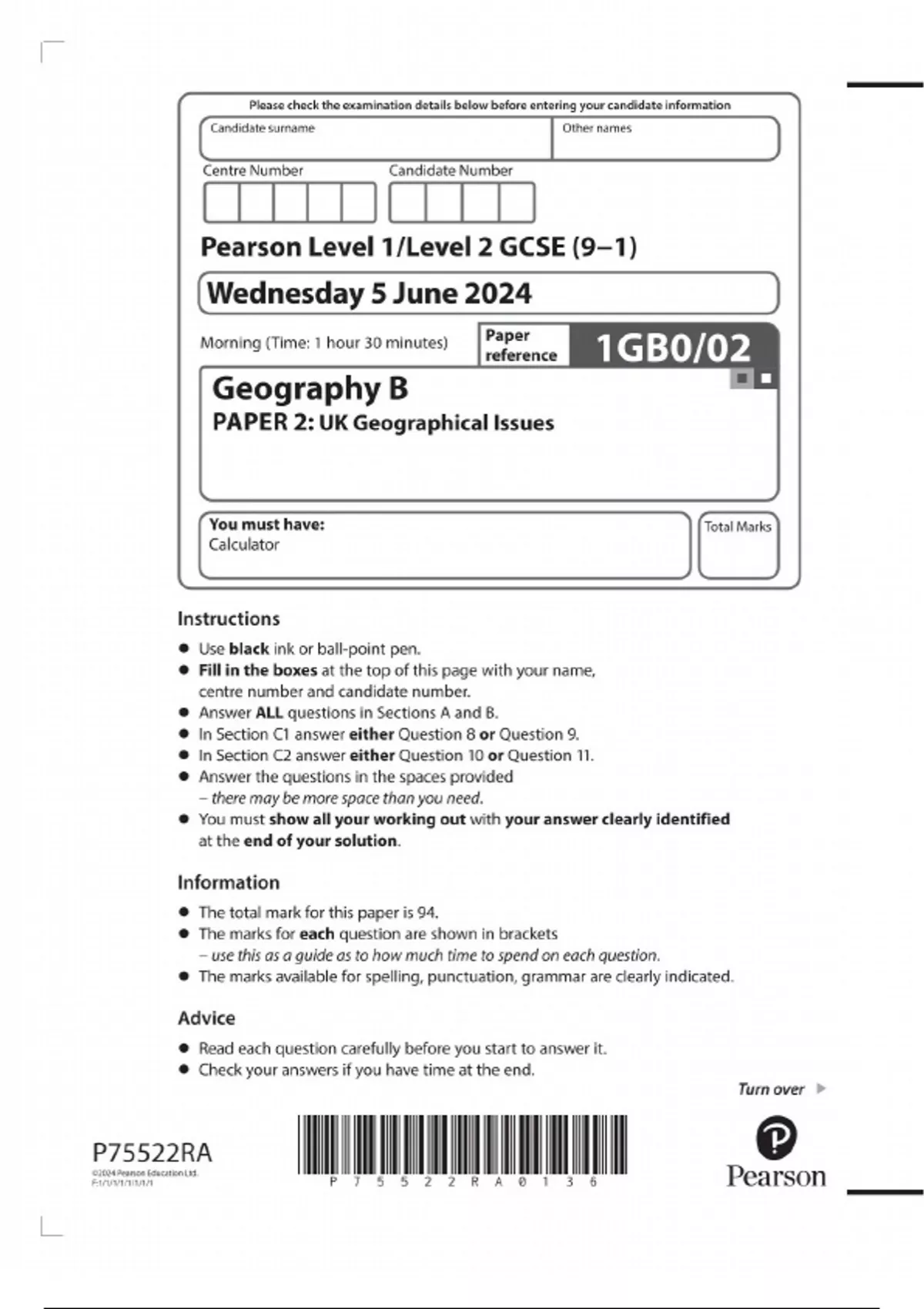 Pearson Edexcel Level1/Level 2 GCSE (9–1)Geography B Paper 1, 2 and 3 ...