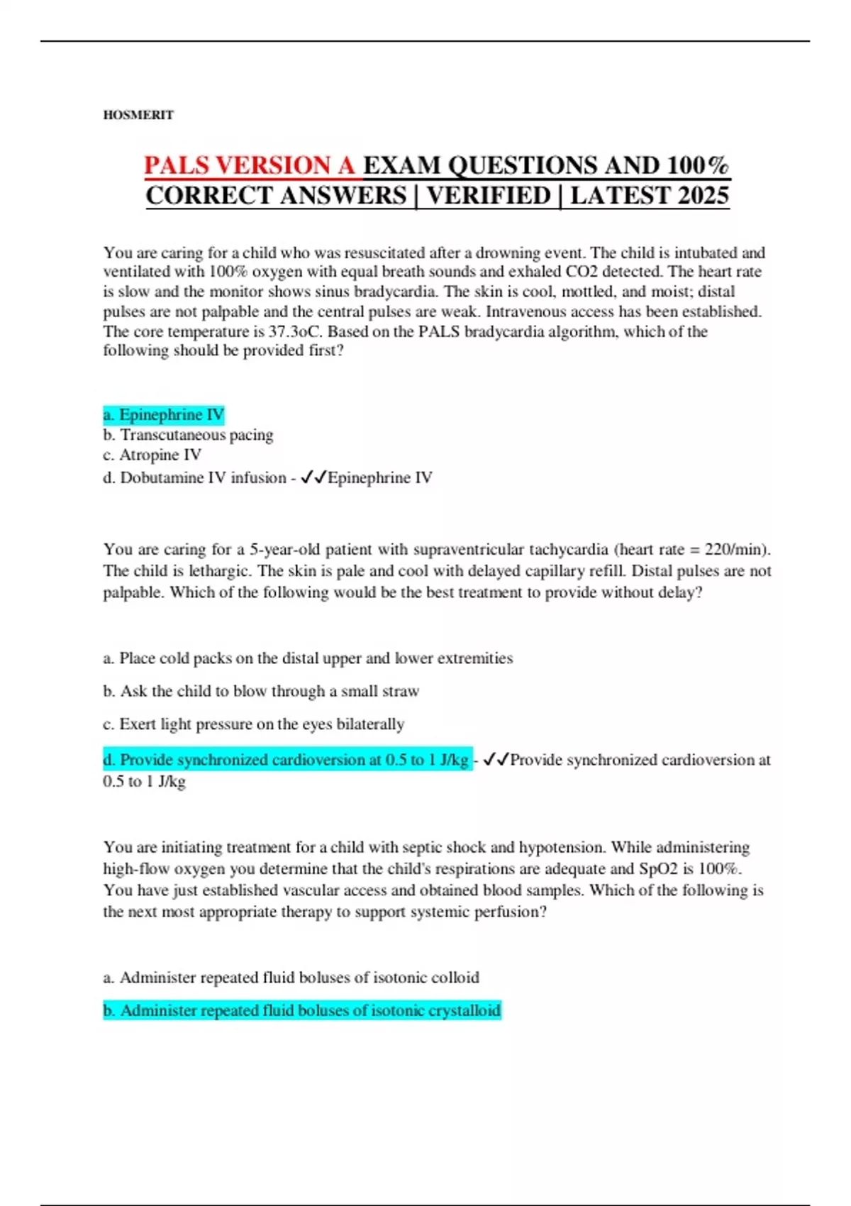 PALS VERSION A EXAM QUESTIONS AND 100% CORRECT ANSWERS | VERIFIED ...