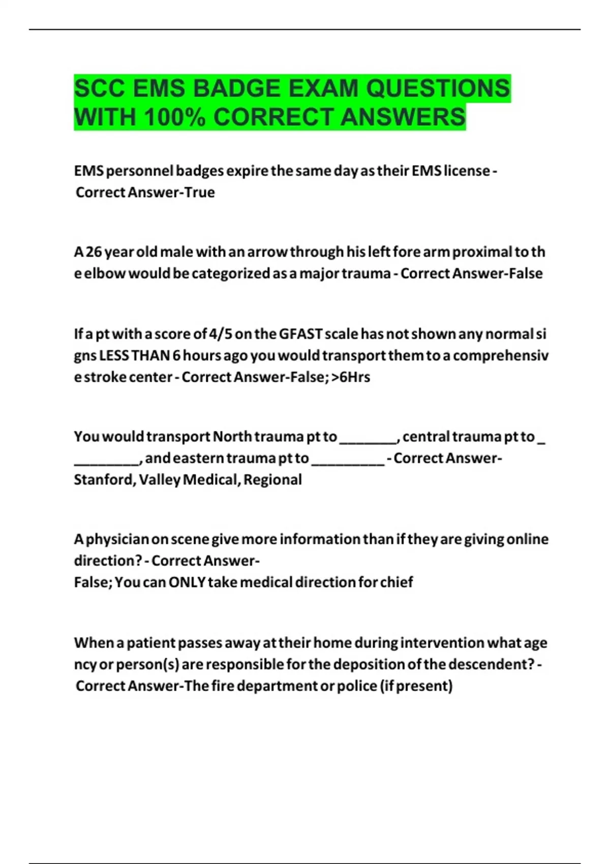 SCC EMS BADGE EXAM QUESTIONS WITH 100% CORRECT ANSWERS 2024 - SCC EMS ...