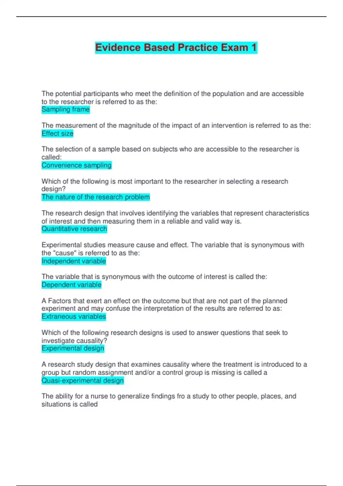 2024/2025 Evidence Based Practice Exam 1 | Questions and Answers ...