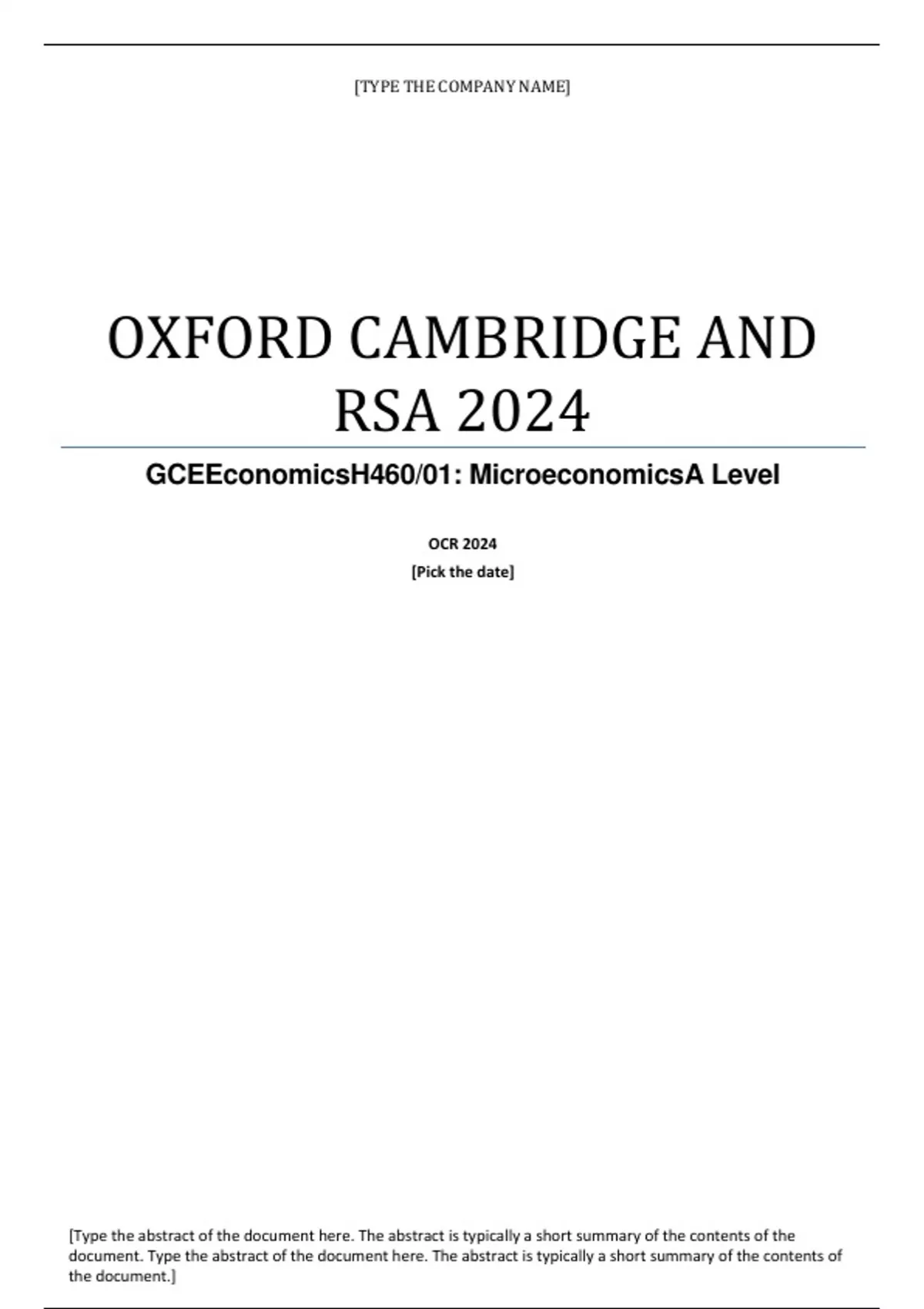 OXFORD CAMBRIDGE AND RSA 2024 GCE Economics H460/01: Microeconomics A Level ACTUAL QUESTION ...