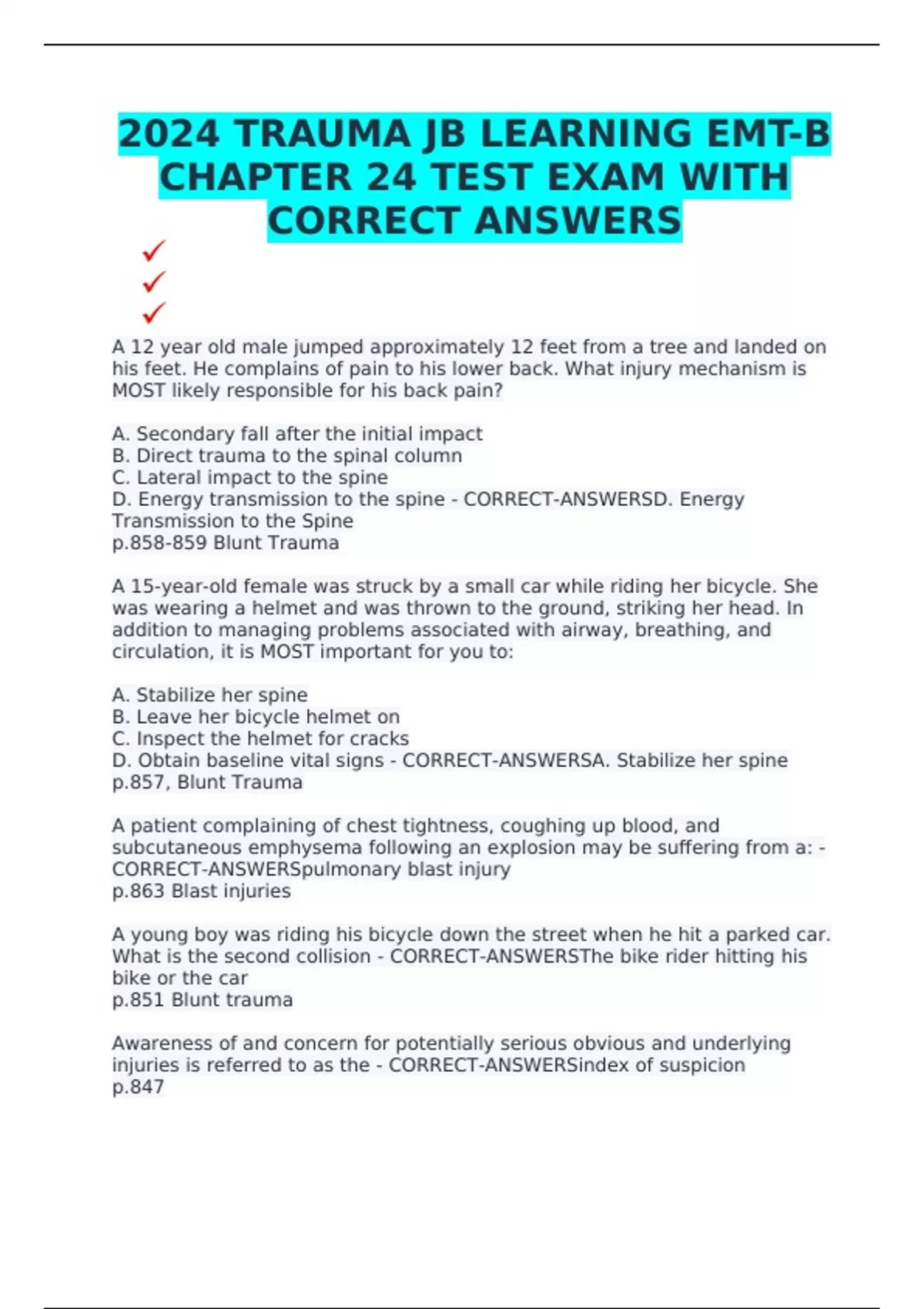 2024 TRAUMA JB LEARNING EMT-B CHAPTER 24 TEST EXAM WITH CORRECT ANSWERS ...
