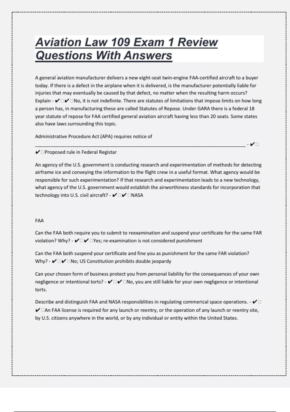 Aviation Law 109 Exam 1 Review Questions With Answers|18 Pages ...