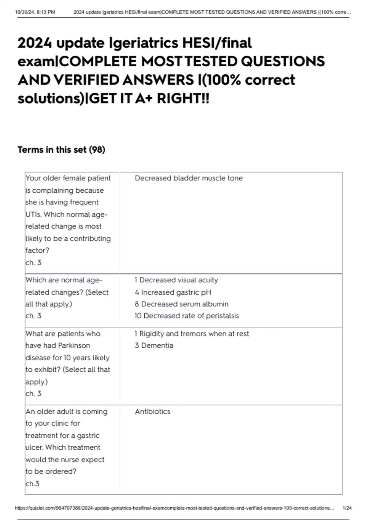 2024 update |geriatrics HESI/final exam|COMPLETE MOST TESTED QUESTIONS ...