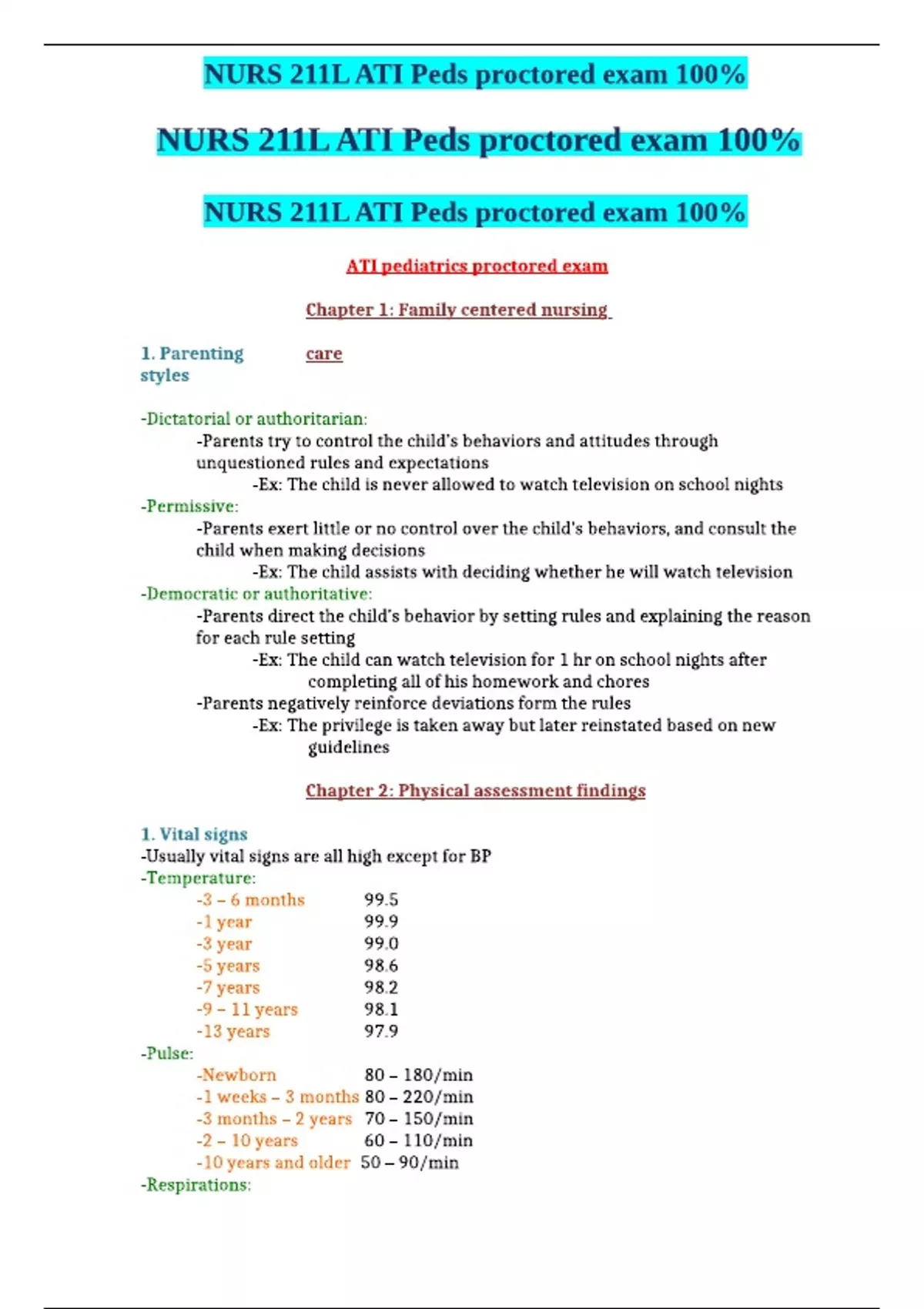 NURS 211L ATI Peds Proctored exam 2022/2023 – West Coast University ...