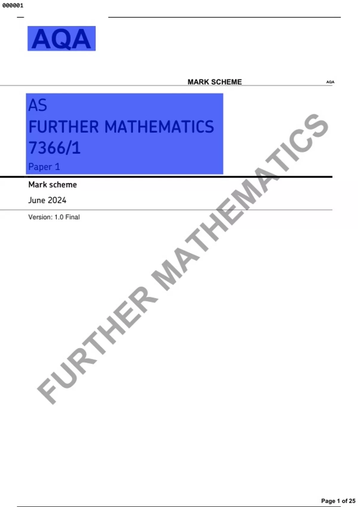 AQA-7366-1-FURTHER MATHEMATICS FINAL MARK SCHEME PAPER 1-AS LEVEL-Jun24 ...