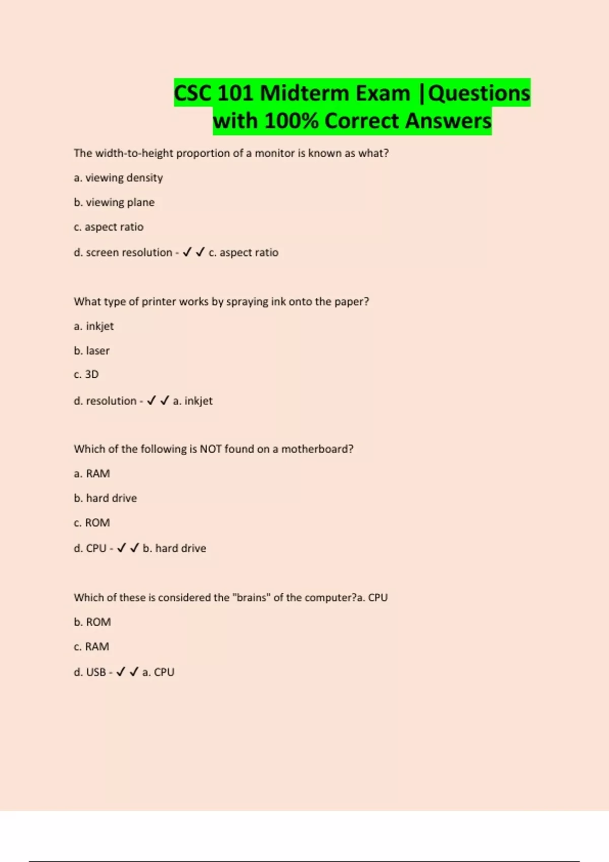 CSC 101 Midterm Exam |Questions with 100% Correct Answers - CSC 101 - Stuvia US
