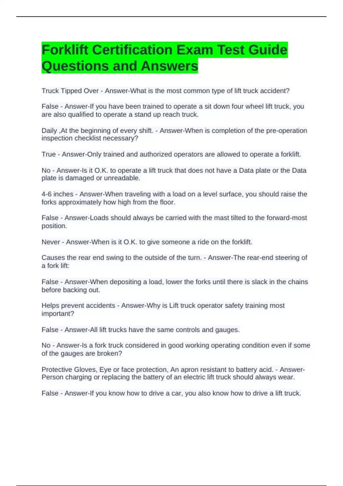 Forklift Certification Exam Test Guide Questions and Answers - Forklift ...