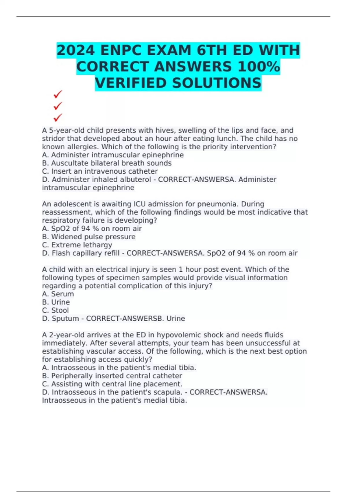 2024 ENPC EXAM 6TH ED WITH CORRECT ANSWERS 100% VERIFIED SOLUTIONS ...