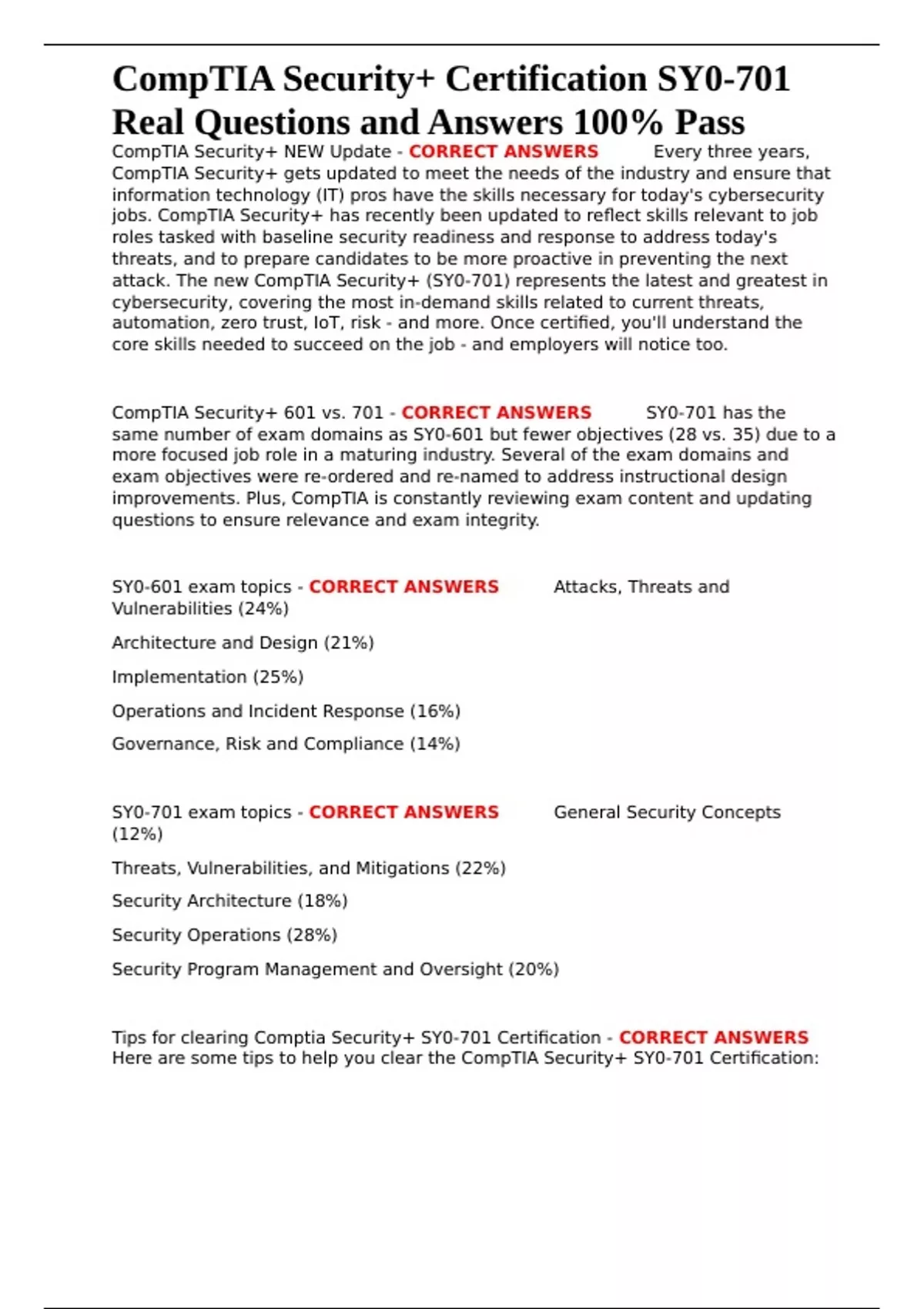 CompTIA Security+ Certification SY0-701 Real Questions and Answers 100% ...