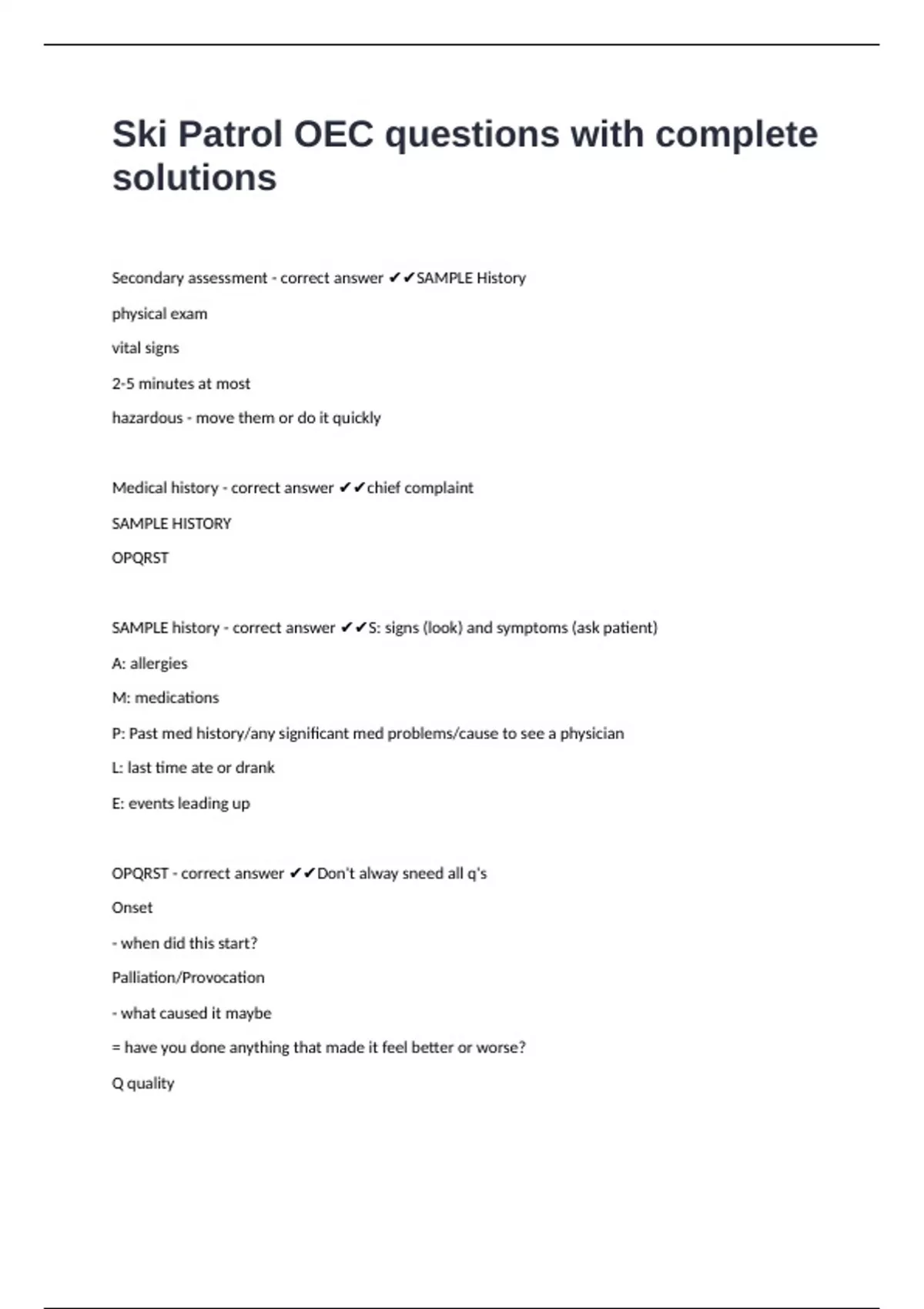 Ski Patrol OEC questions with complete solutions - OEC - Stuvia US