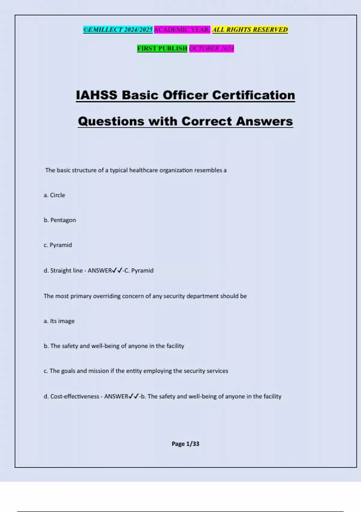 IAHSS Basic Officer Certification Questions with Correct Answers ...
