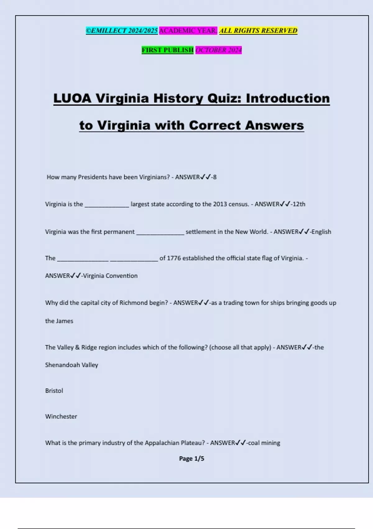LUOA Virginia History Quiz: Introduction to Virginia with Correct ...
