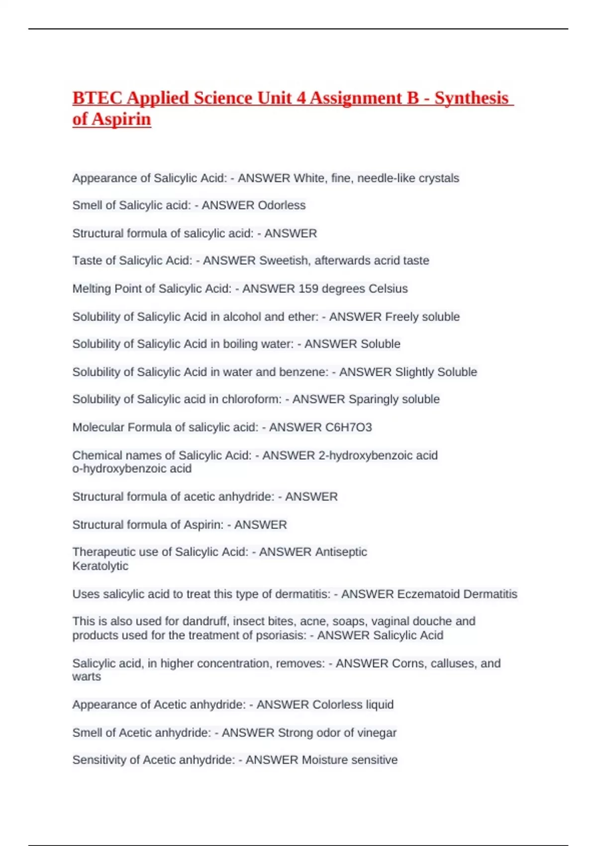 BTEC Applied Science Unit 4 Assignment B - Synthesis of Aspirin - BTEC Applied Science Unit 4 ...