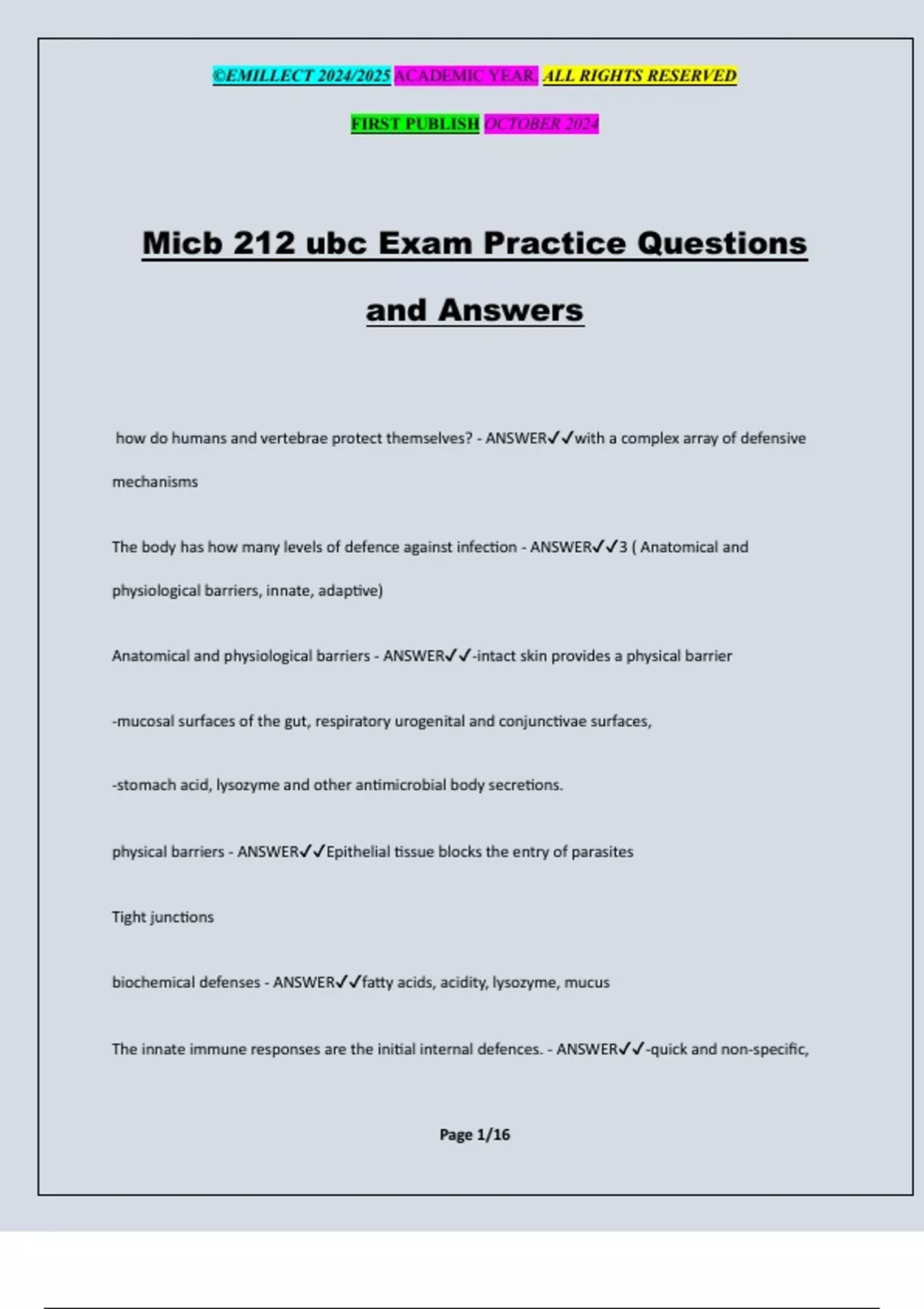 Micb 212 ubc Exam Practice Questions and Answers - Practice Tests 2024 ...