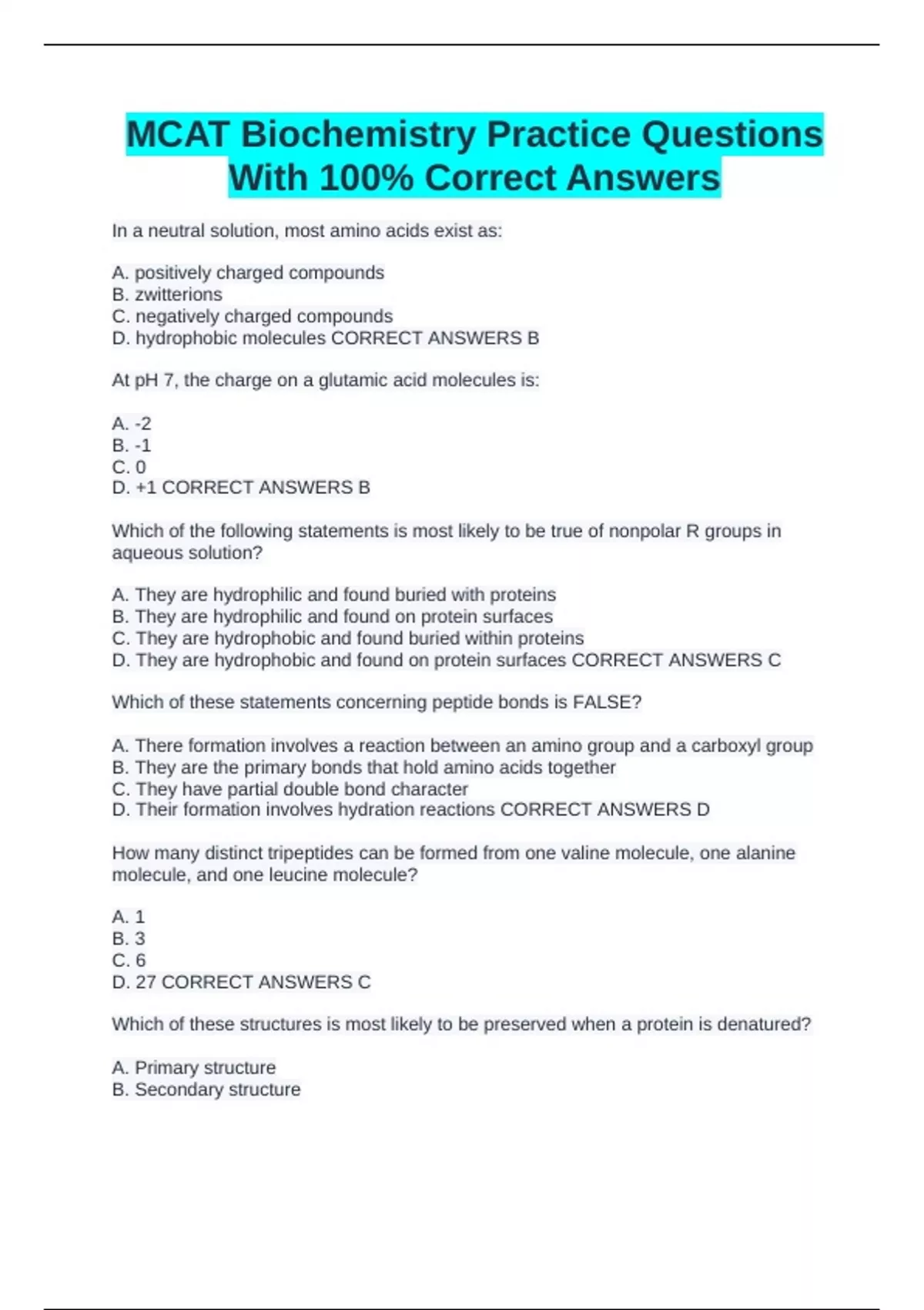 Mcat Biochemistry Practice Questions With 100 Correct Answers Mcat Biochemistry Stuvia Us