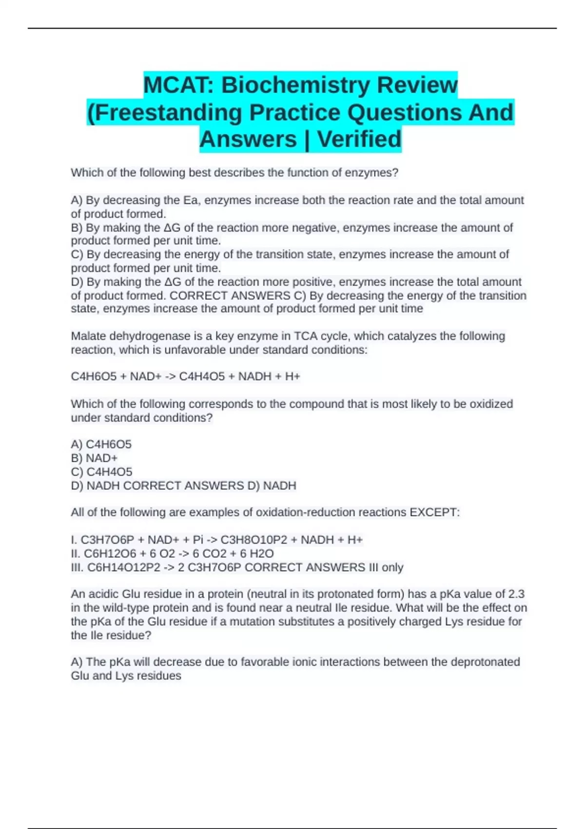 Mcat Biochemistry Review Freestanding Practice Questions And Answers Verified Mcat