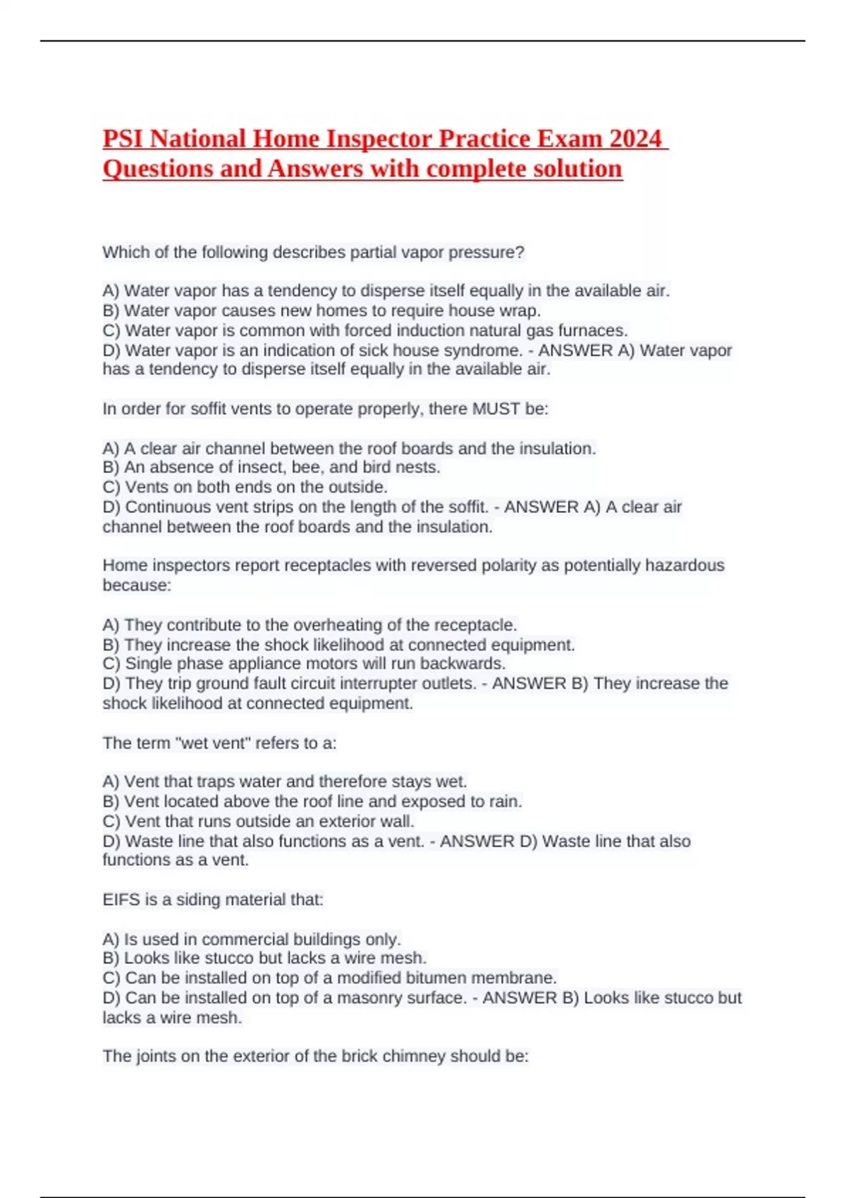 PSI National Home Inspector Practice Exam 2024 Questions and Answers ...