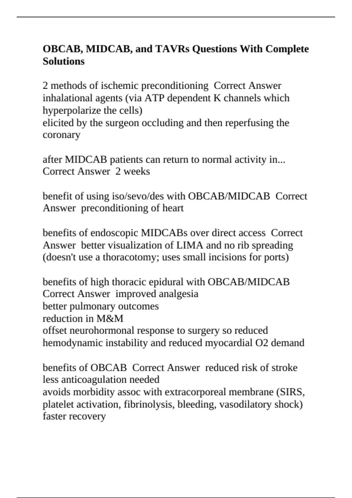 OBCAB, MIDCAB, and TAVRs Questions With Complete Solutions - OBCAB ...