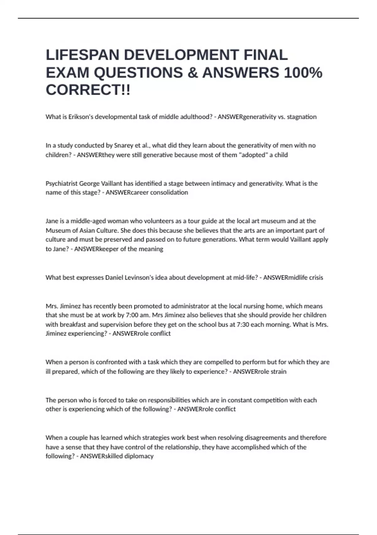 LIFESPAN DEVELOPMENT FINAL EXAM QUESTIONS & ANSWERS 100% CORRECT ...