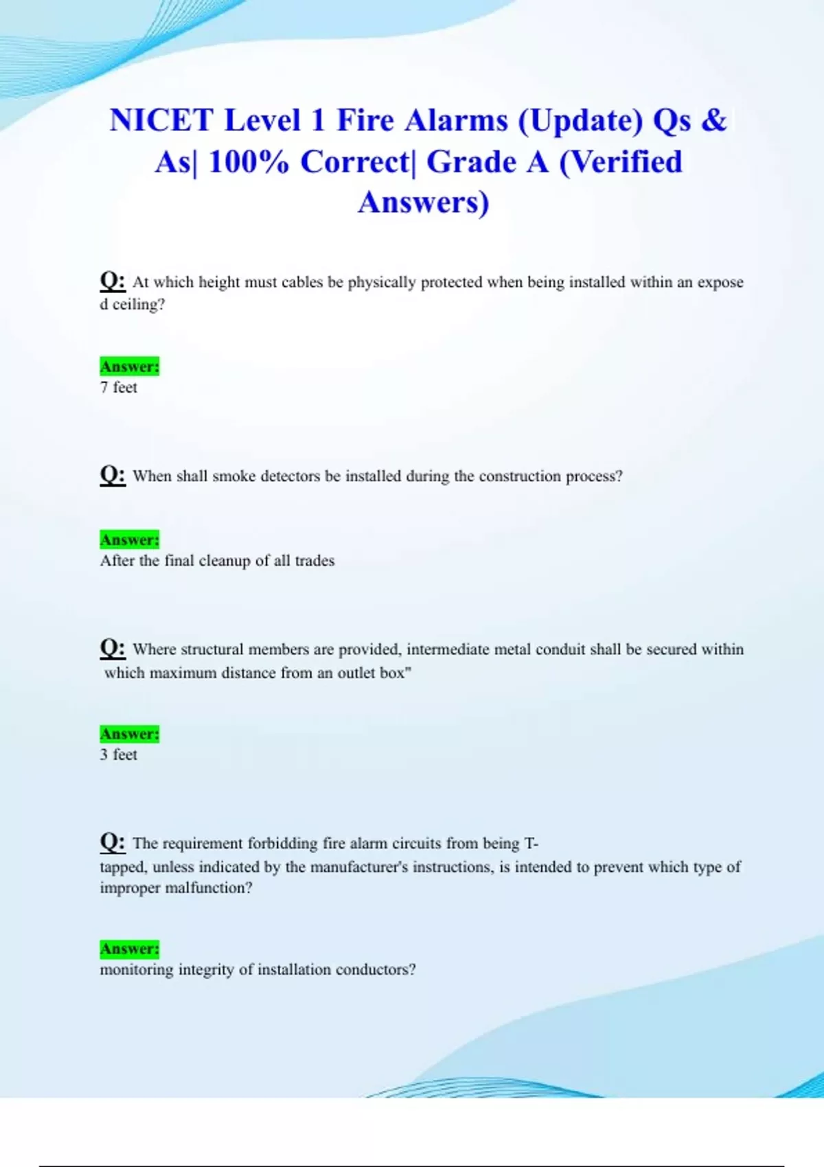 NICET Level 1 Fire Alarms ( 2024/ 2025 Update) Qs & As| 100% Correct ...