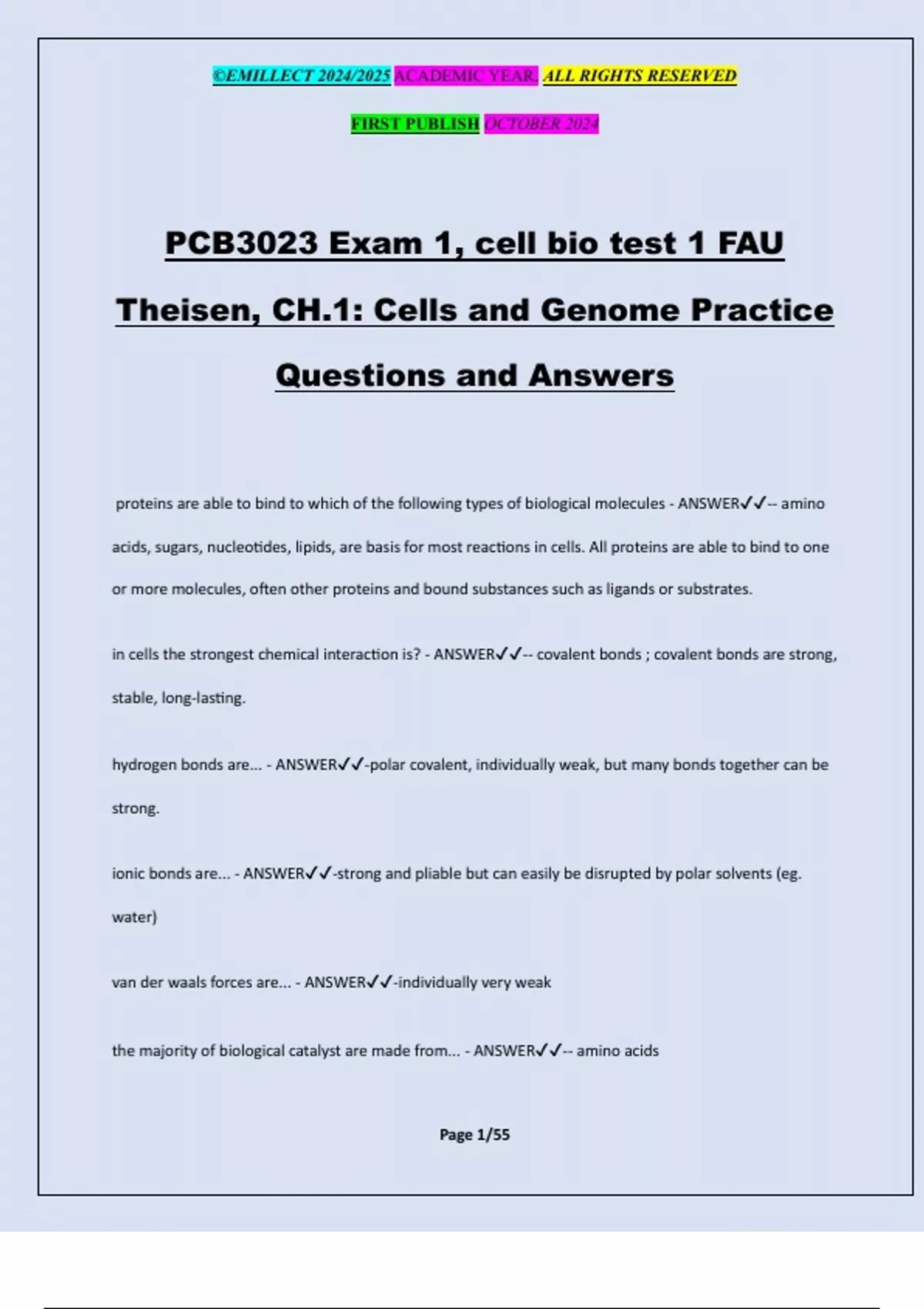 PCB3023 Exam 1, cell bio test 1 FAU Theisen, CH.1: Cells and Genome ...
